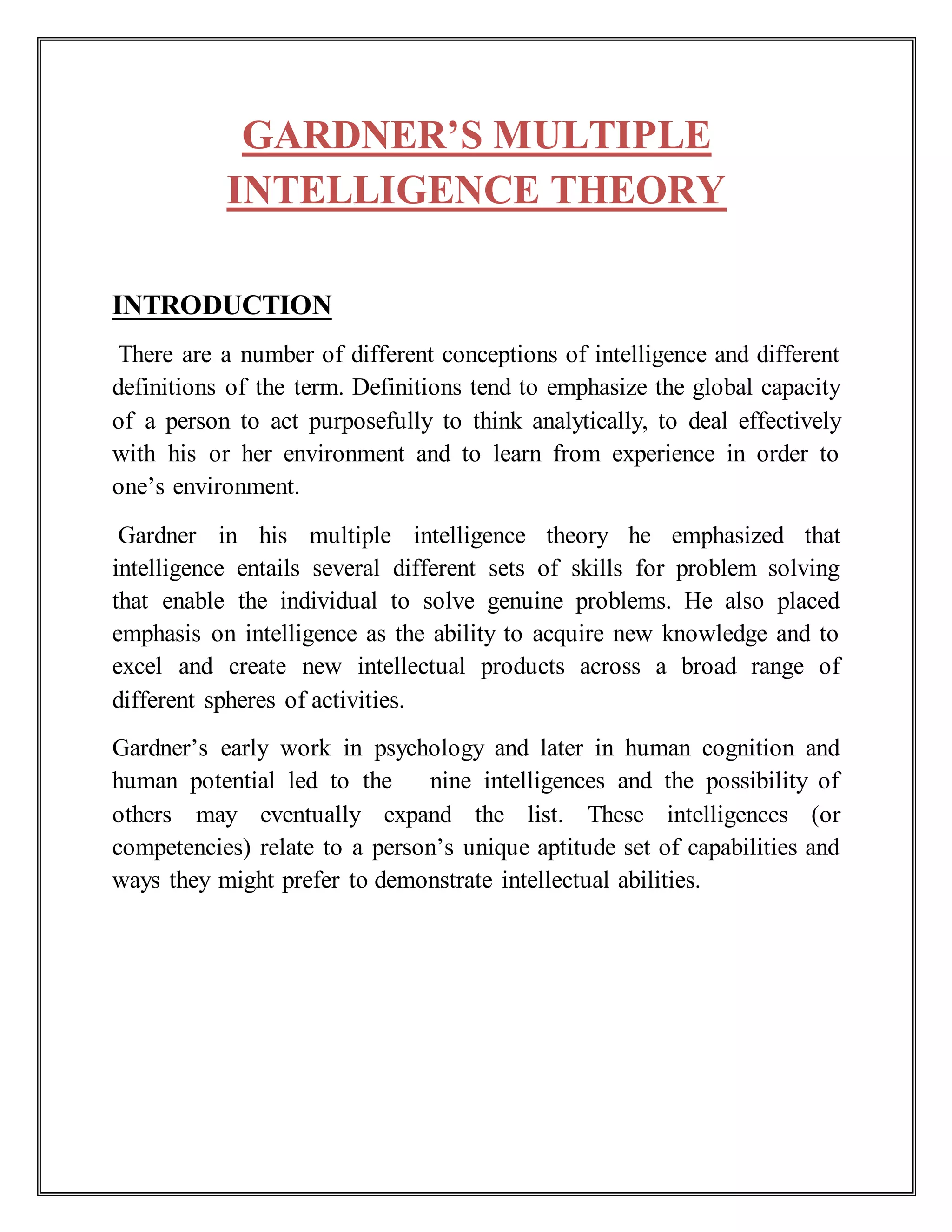Gardners multiple intelligence theory | PDF