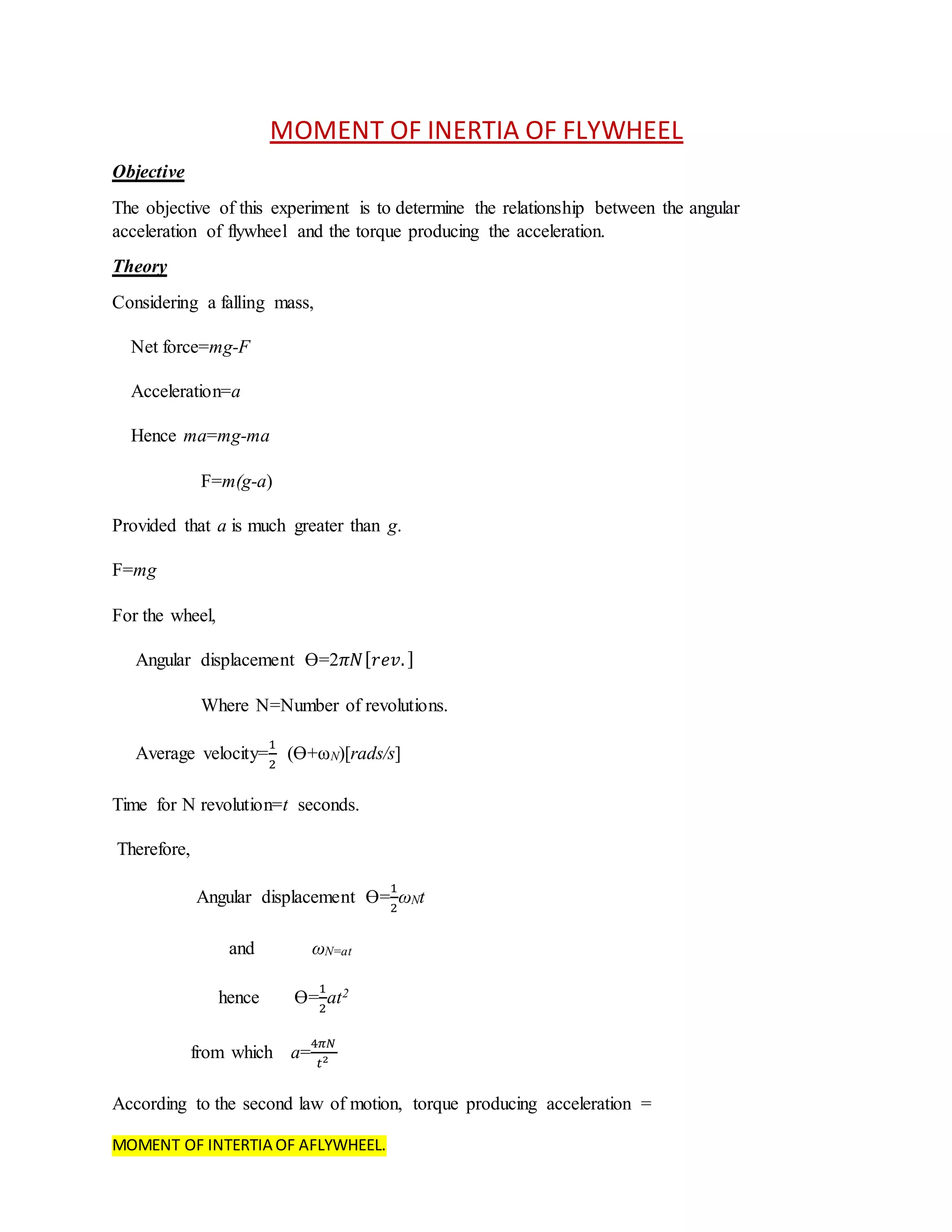 MOMENT INERTIA OF A FLYWHEEL LAB REPORT | DOCX