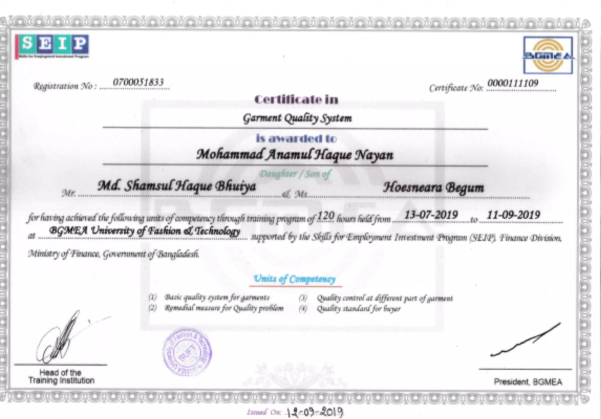 120 hours Training Certificate based on Garment Quality System | PDF