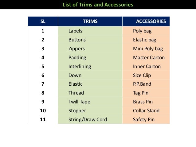 Garments accessories trims