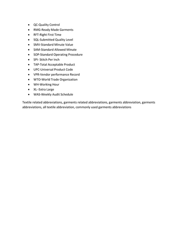 Garments related abbreviations | PDF | Apparel Industry | Industries