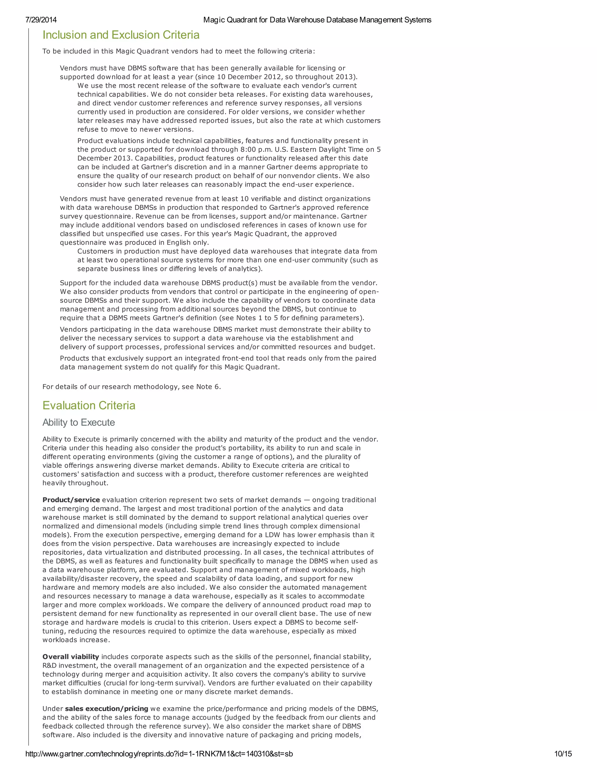 Gartner magic quadrant for data warehouse database management systems | PDF