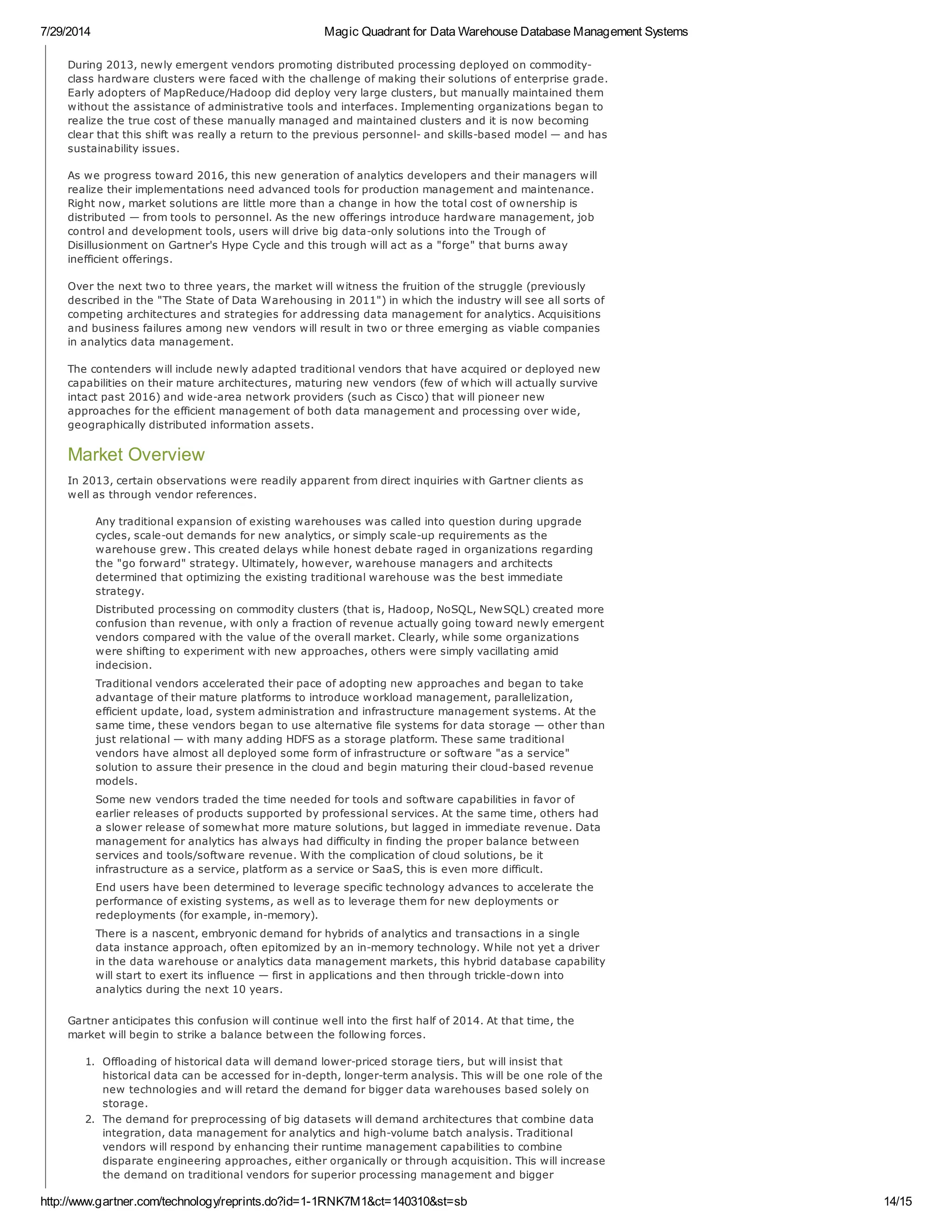 Gartner magic quadrant for data warehouse database management systems | PDF