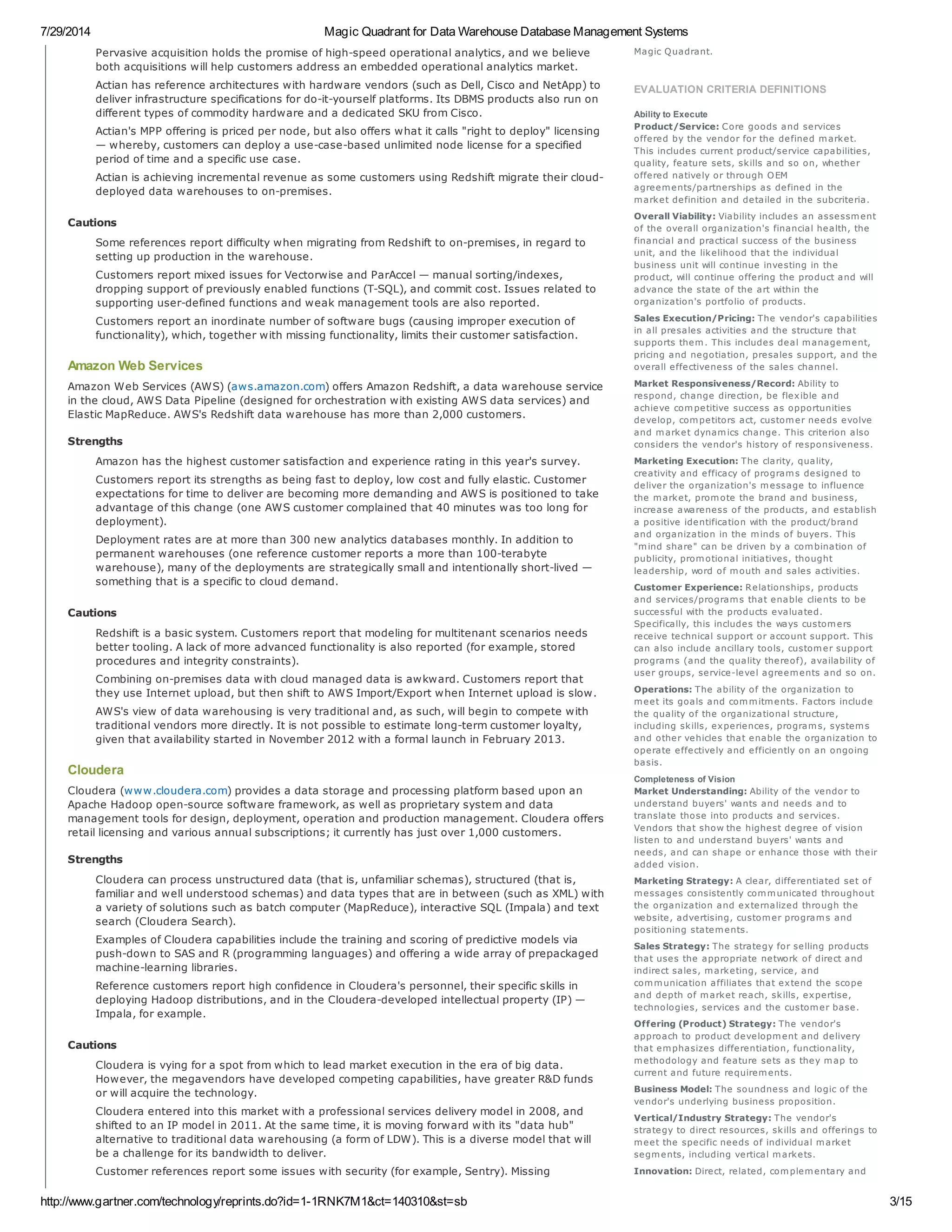 Gartner magic quadrant for data warehouse database management systems | PDF