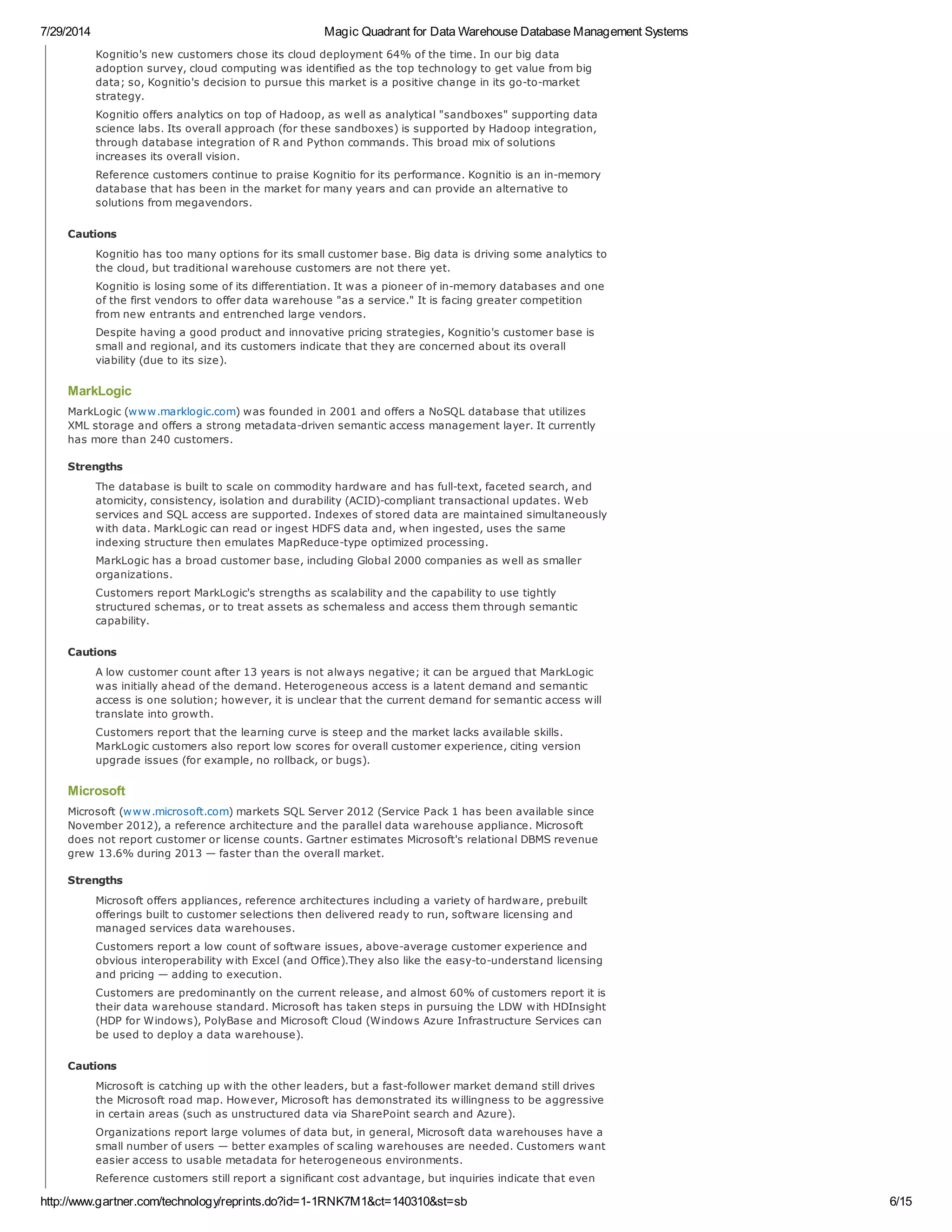 Gartner magic quadrant for data warehouse database management systems | PDF
