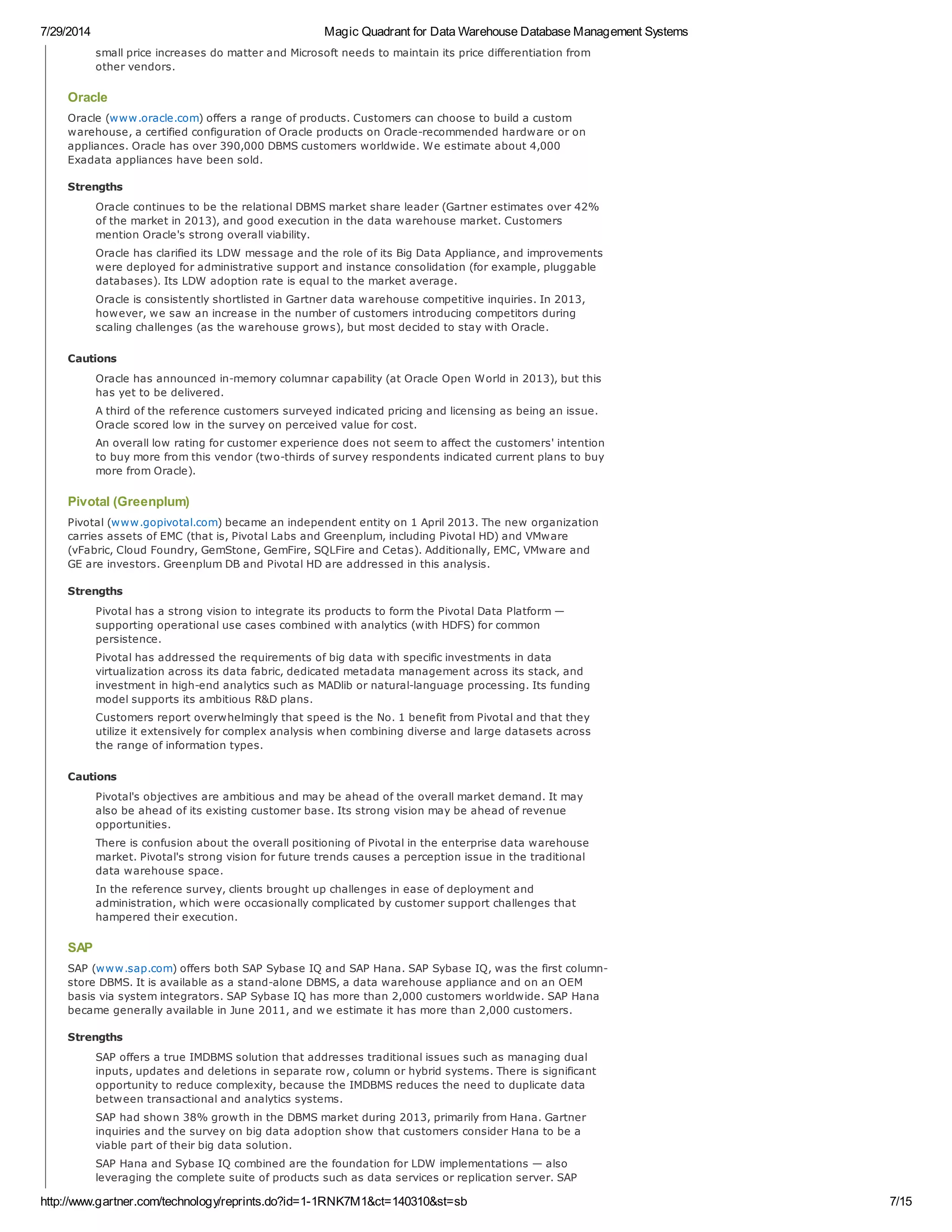 Gartner magic quadrant for data warehouse database management systems | PDF