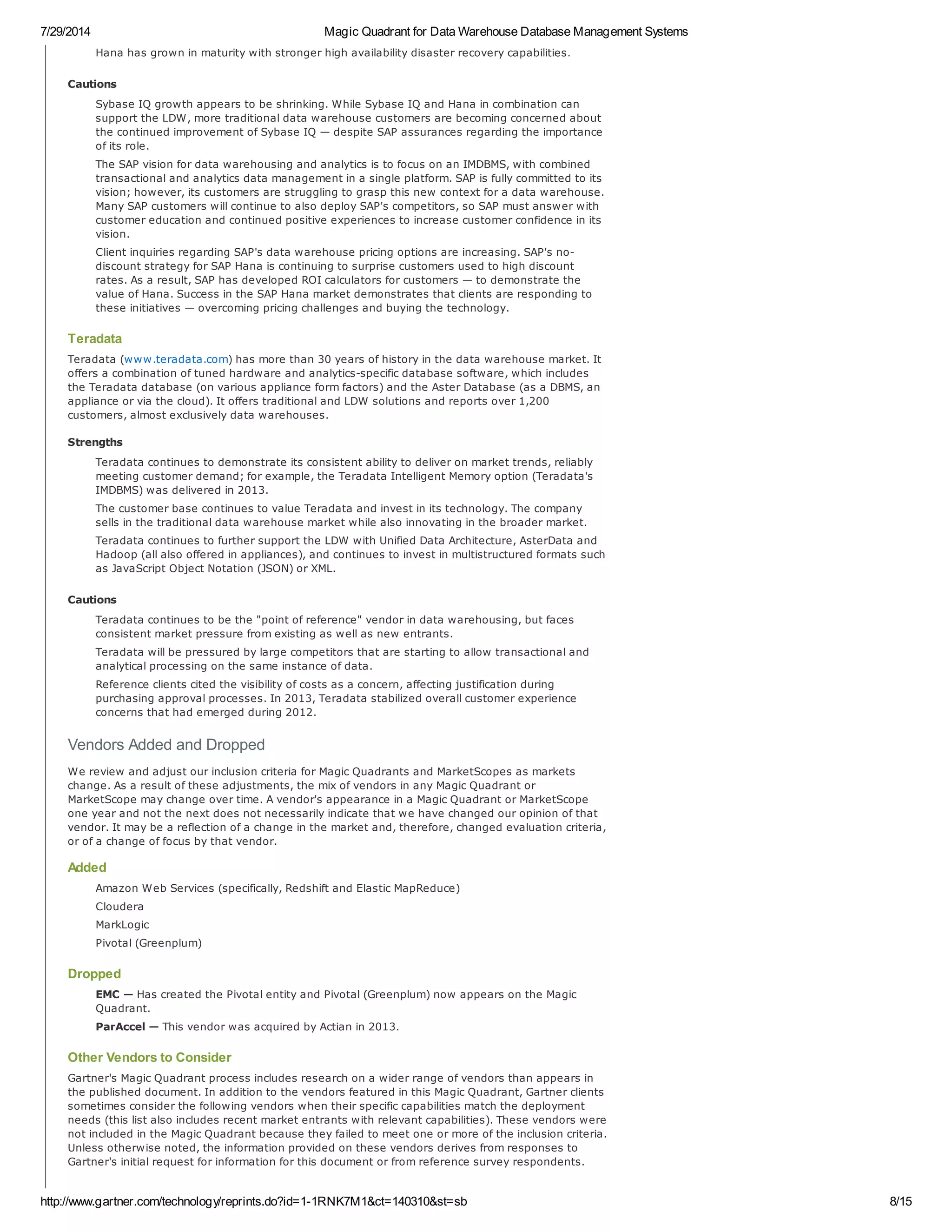Gartner magic quadrant for data warehouse database management systems | PDF