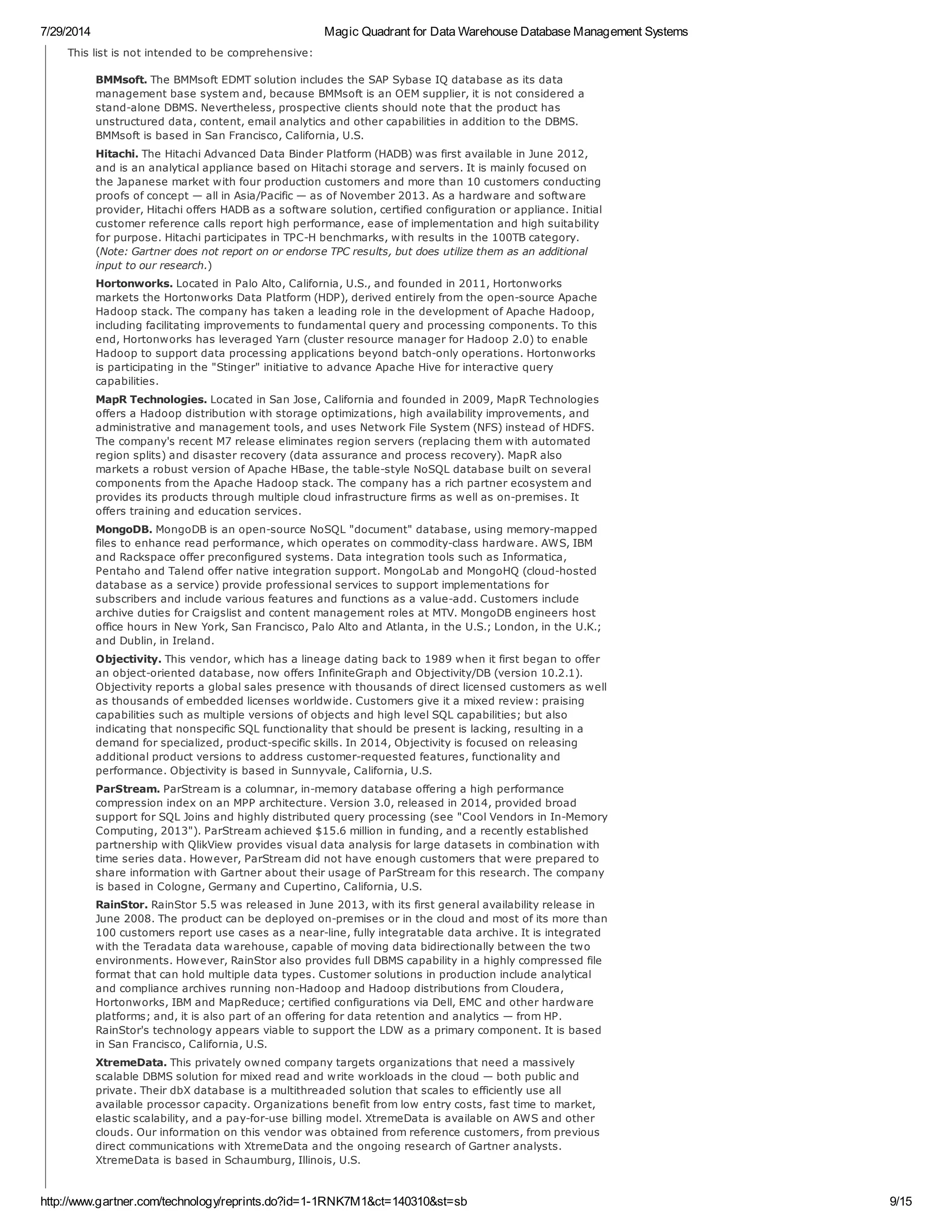 Gartner magic quadrant for data warehouse database management systems | PDF