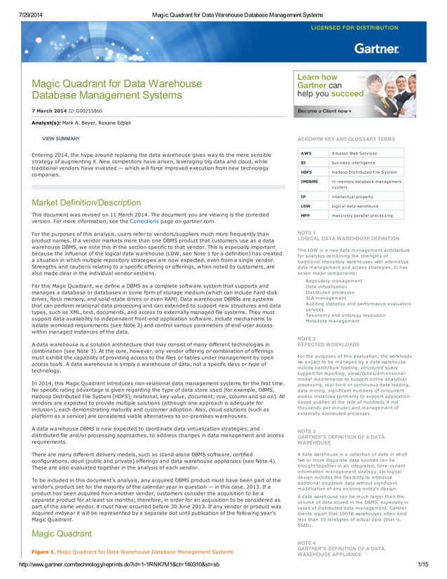 Gartner magic quadrant for data warehouse database management systems | PDF