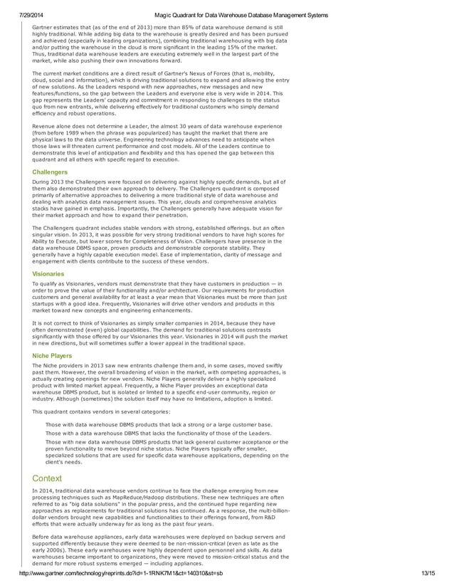 Gartner magic quadrant for data warehouse database management systems | PDF