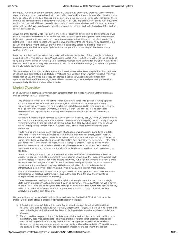 Gartner magic quadrant for data warehouse database management systems | PDF