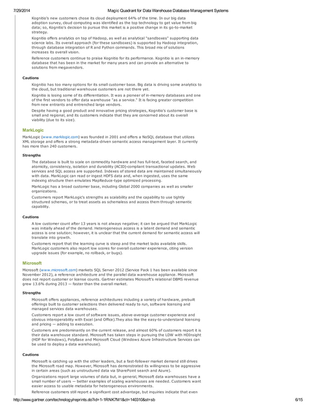 Gartner magic quadrant for data warehouse database management systems | PDF