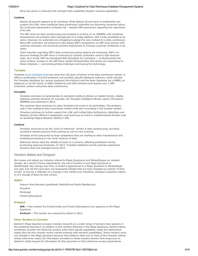 Gartner magic quadrant for data warehouse database management systems | PDF