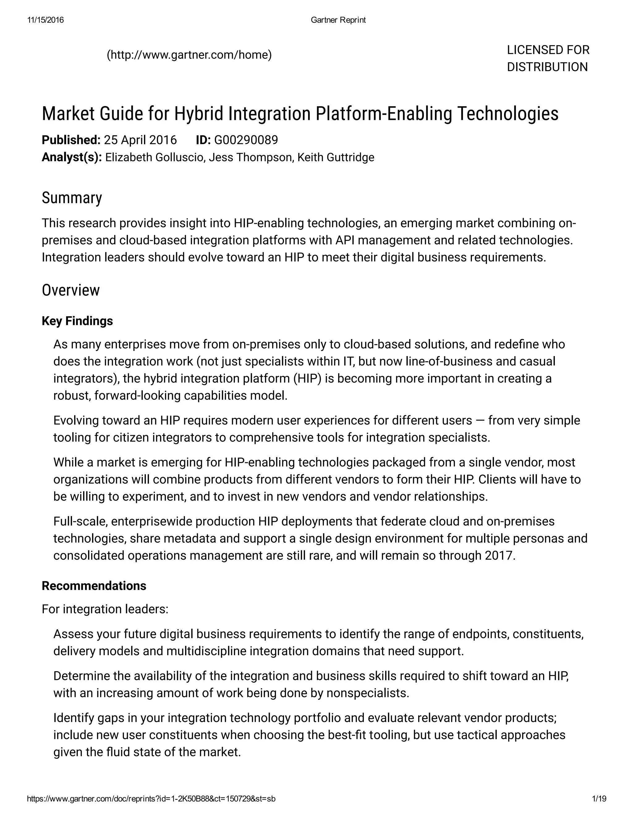 Gartner market guide for hybrid integration platform enabling technologies | PDF | Cloud ...