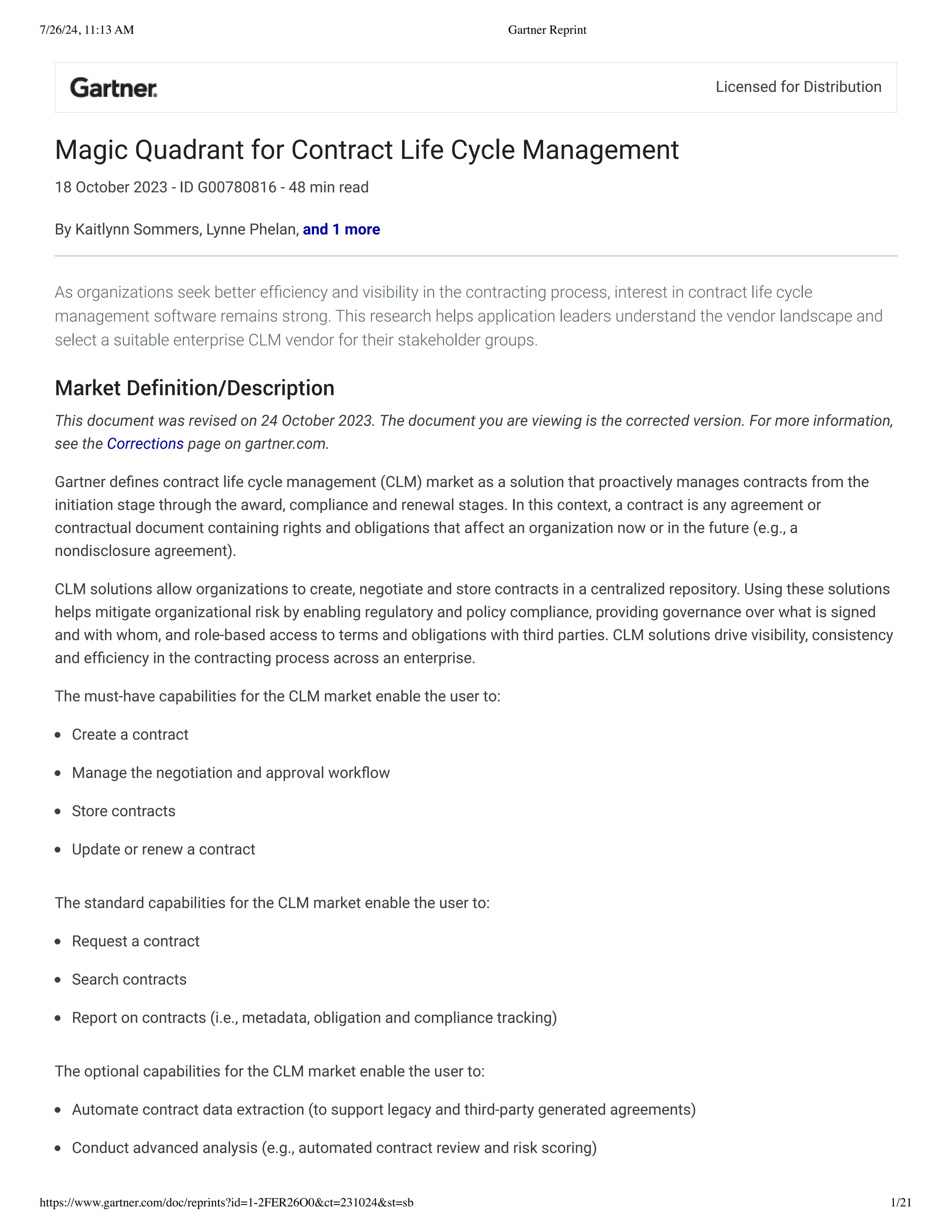 Cuadrante magico de Gartner sobre software de CLM | PDF