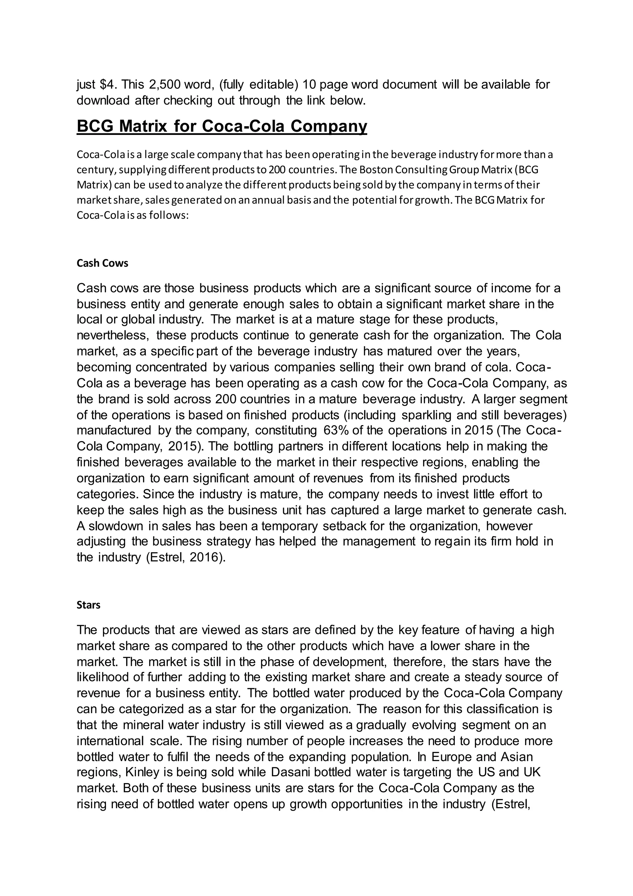 strategic managment coca cola | DOCX