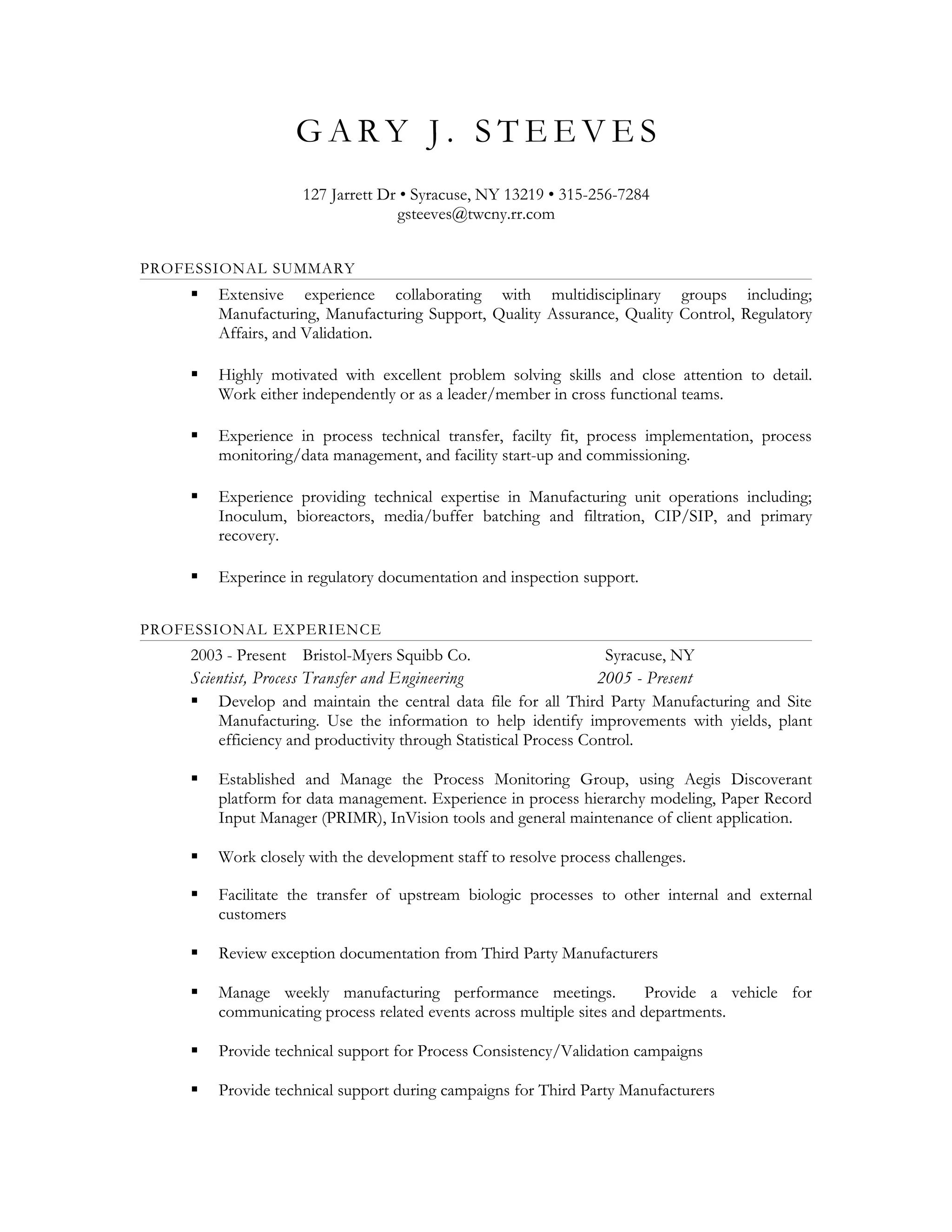 Gary Steeves Resume | DOC | Manufacturing Industry | Industries