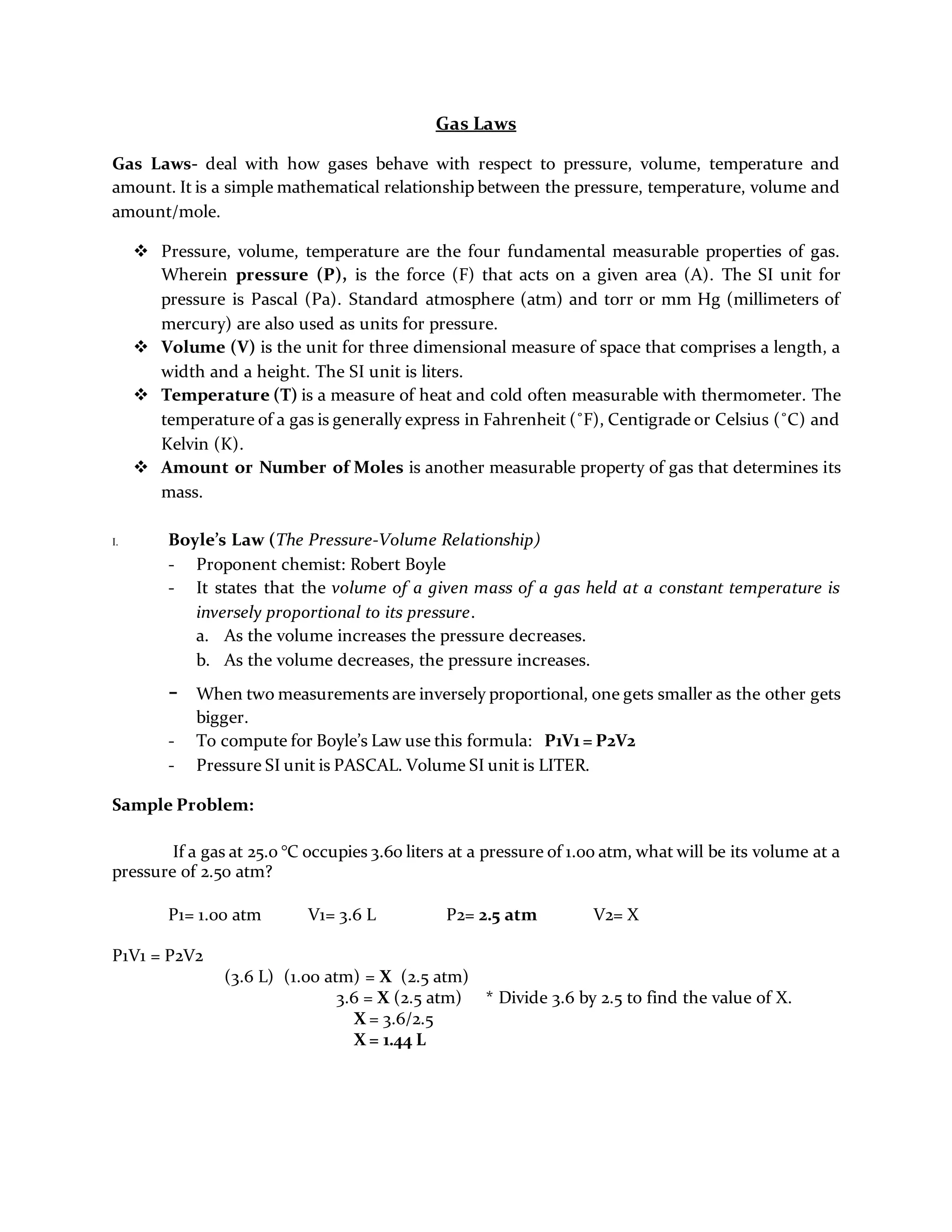 Gas laws (Boyle and Charles' Laws) handout | DOCX | Chemistry | Science
