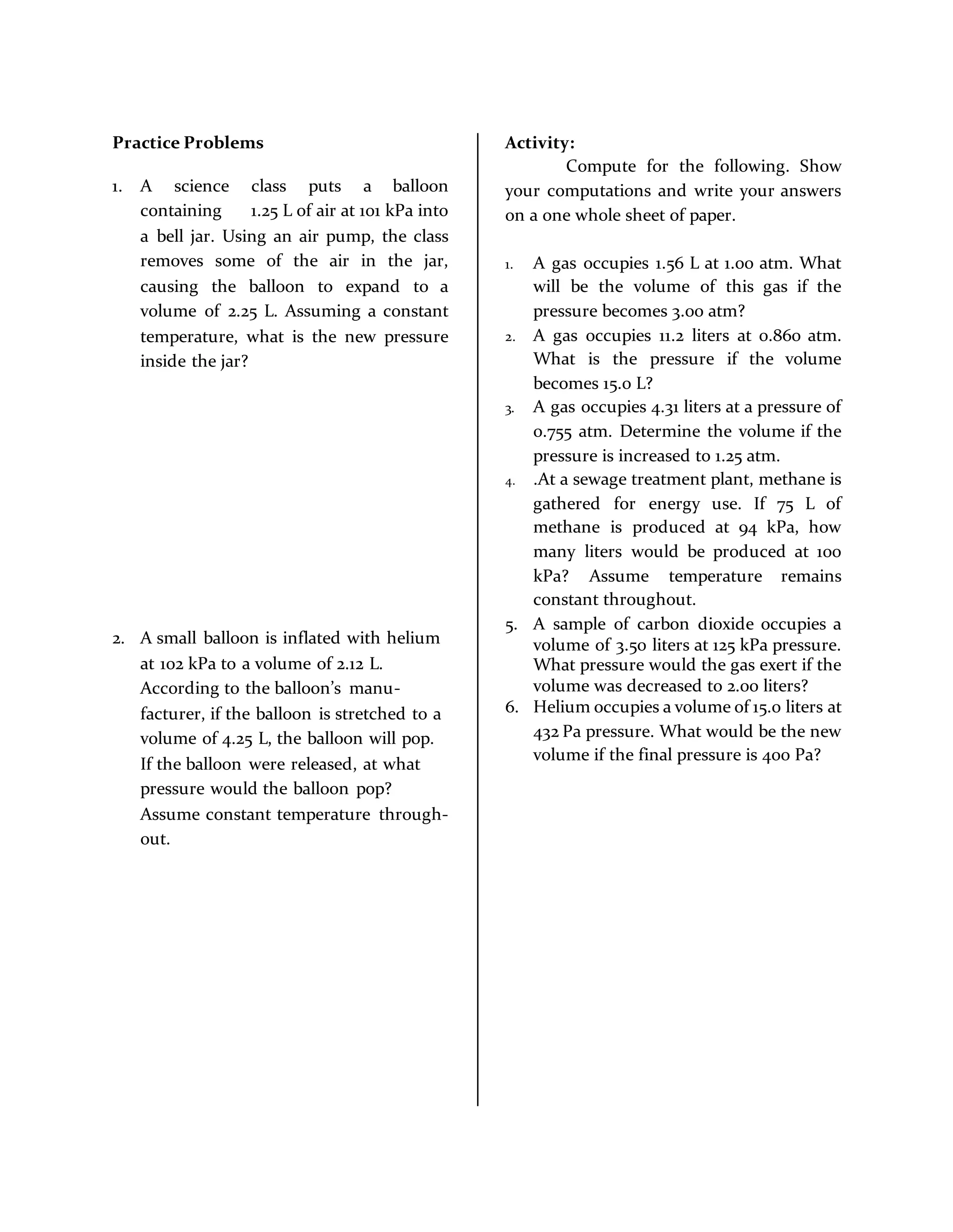 Gas laws (Boyle and Charles' Laws) handout | PDF