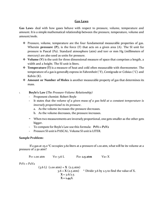 Gas laws (Boyle and Charles' Laws) handout | DOCX | Chemistry | Science