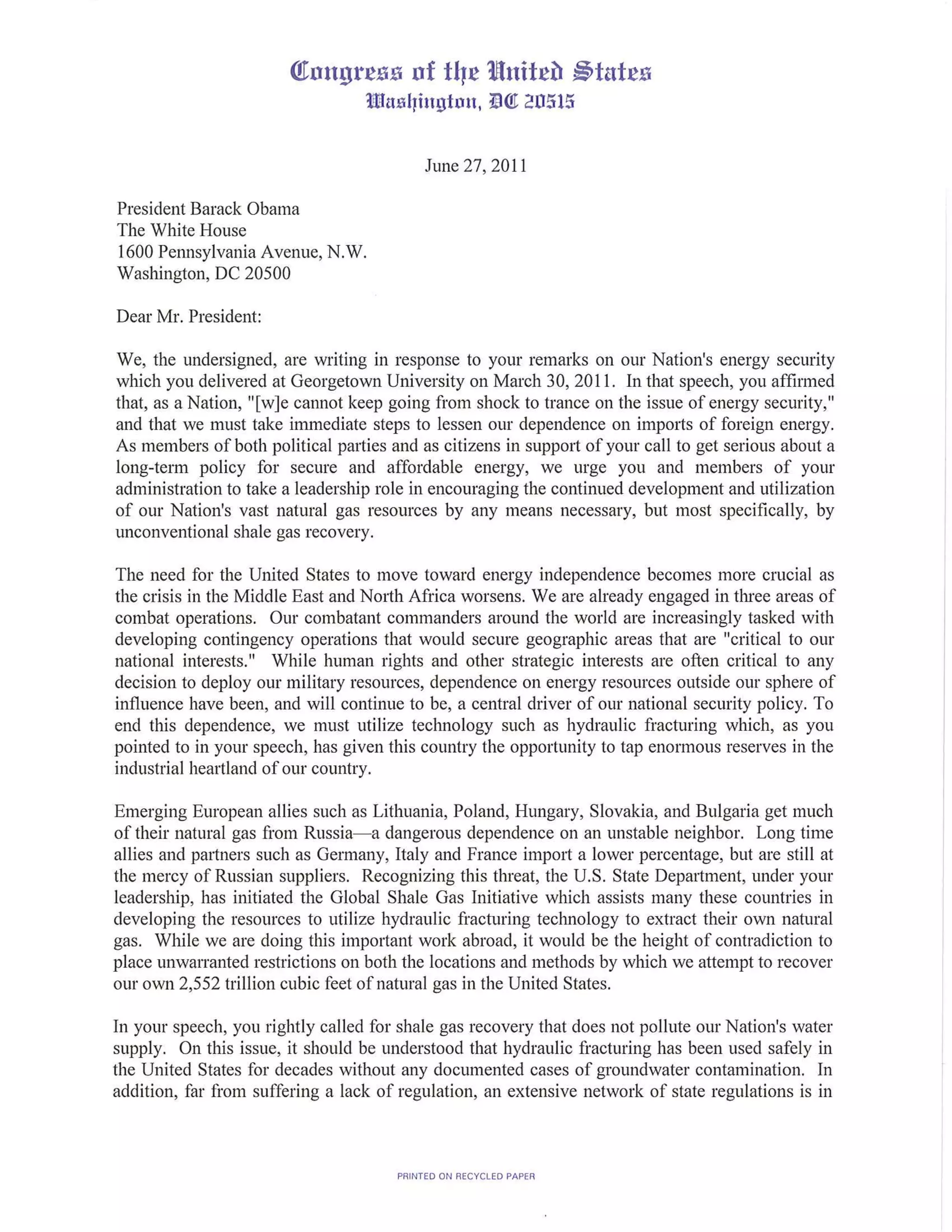 Letter to President Obama from Congressman Encouraging Fracking | PDF