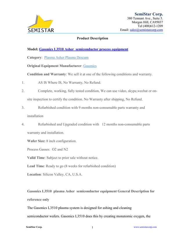 Gasonics l3510 plasma asher plasma descum semiconductor process ...