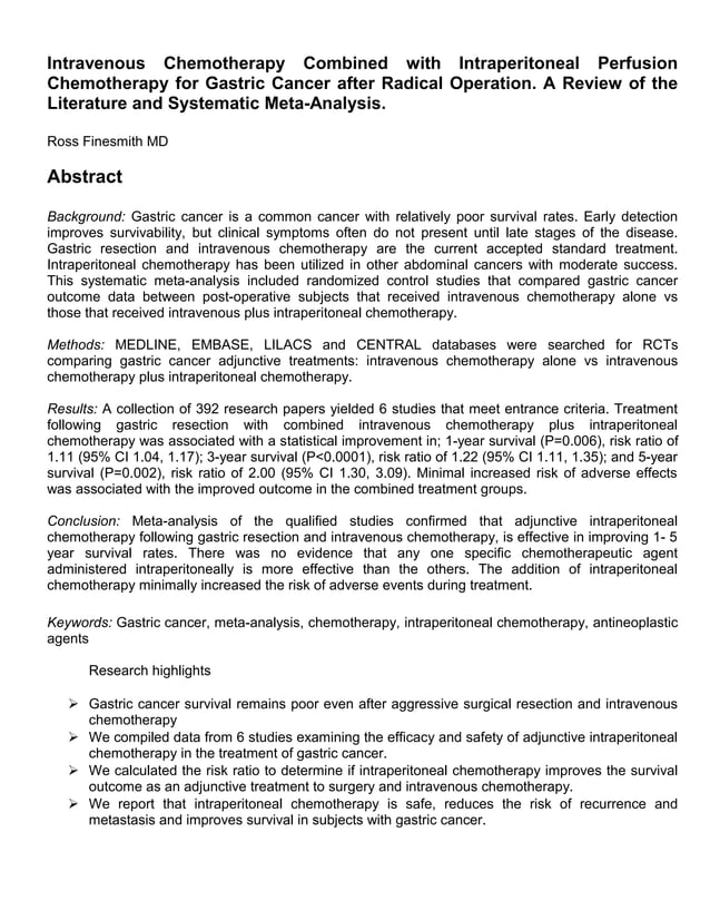 Chemotherapy Combined with Intraperitoneal Perfusion Chemotherapy for ...