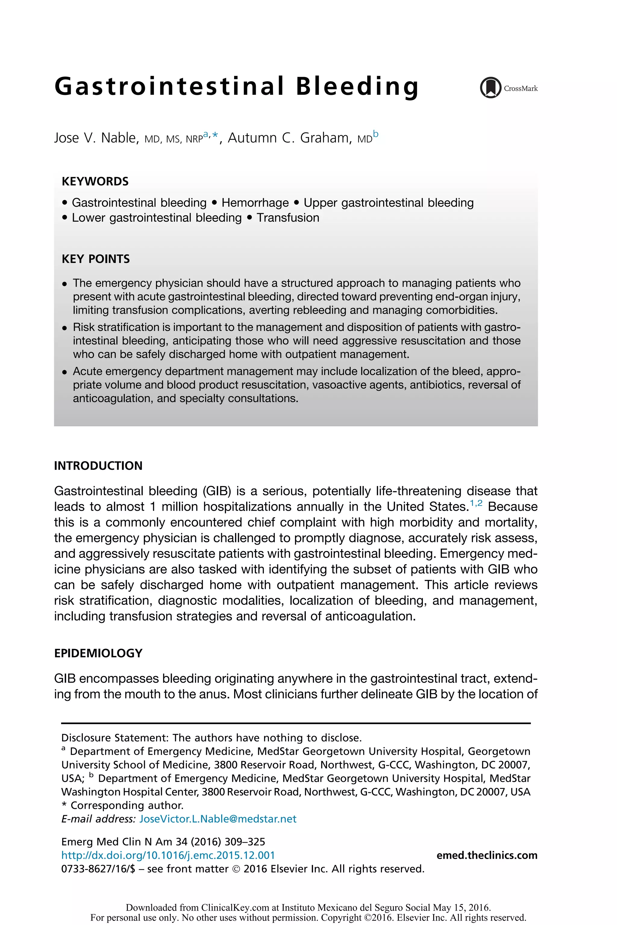 Gastrointestinal bleeding emerg med clin n am 2016 | PDF