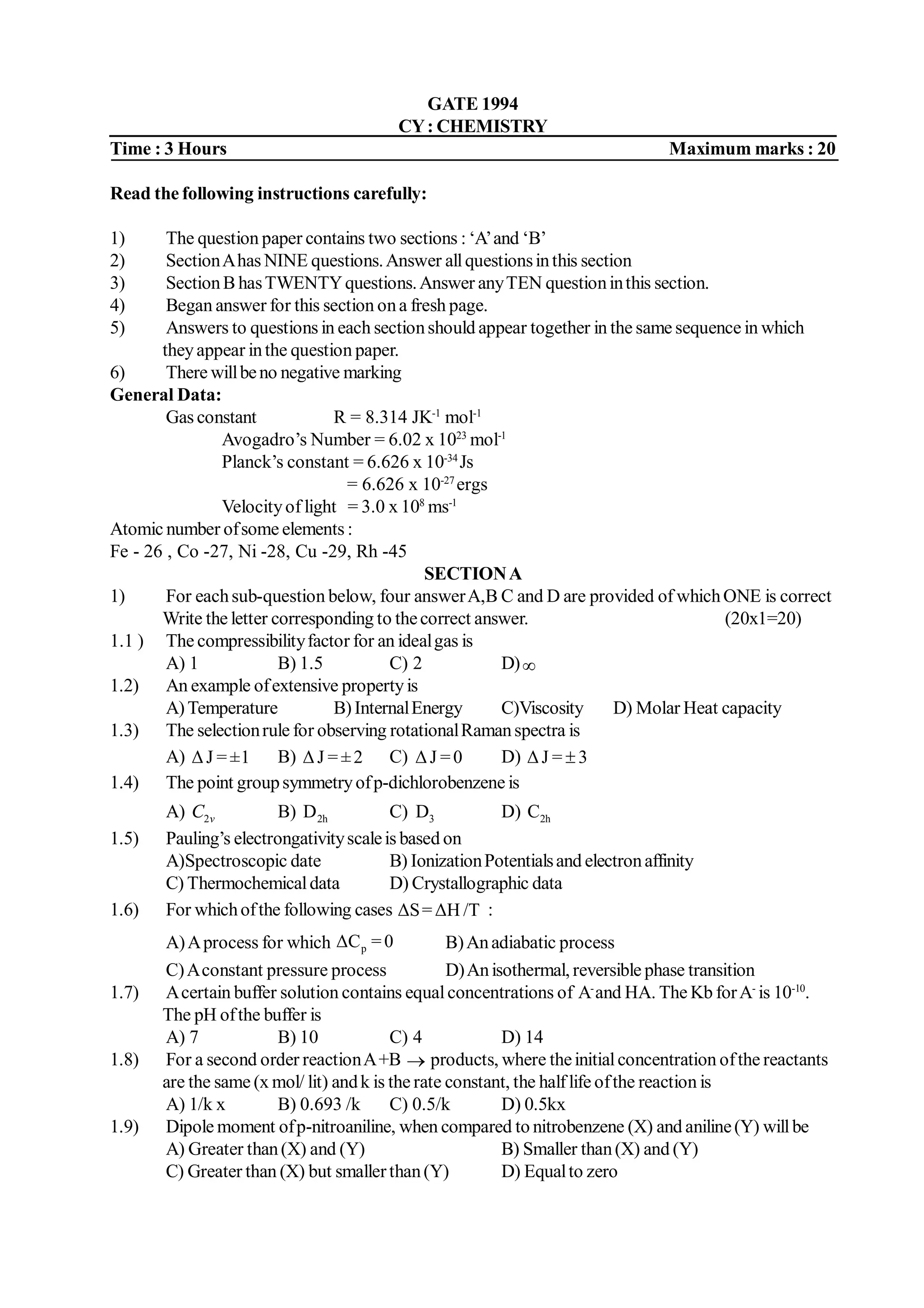 Gate 1994 Chemistry | PDF
