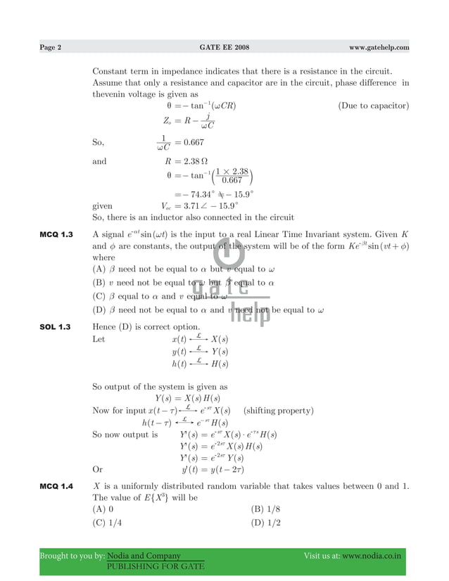 Gate ee 2008 with solutions | PDF