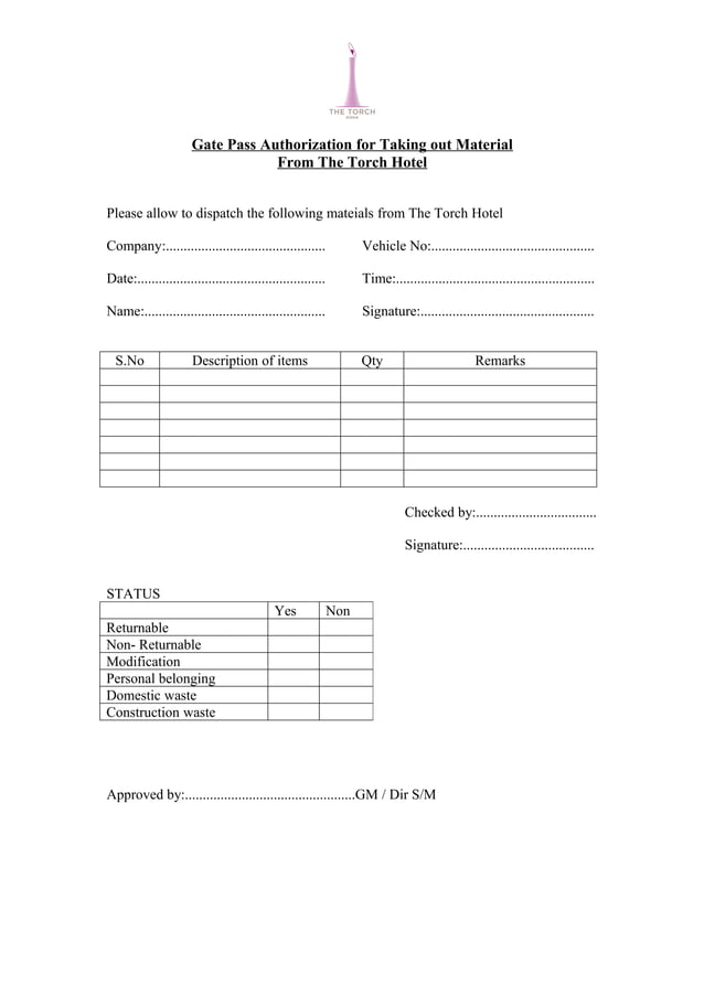 Gate Pass Authorization For Taking Out Material For Outsiders Pdf