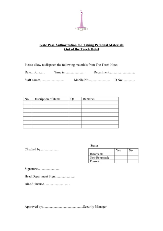 Gate pass authorization for taking personal materials | DOC