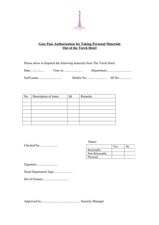 Gate pass authorization for taking personal materials | PDF