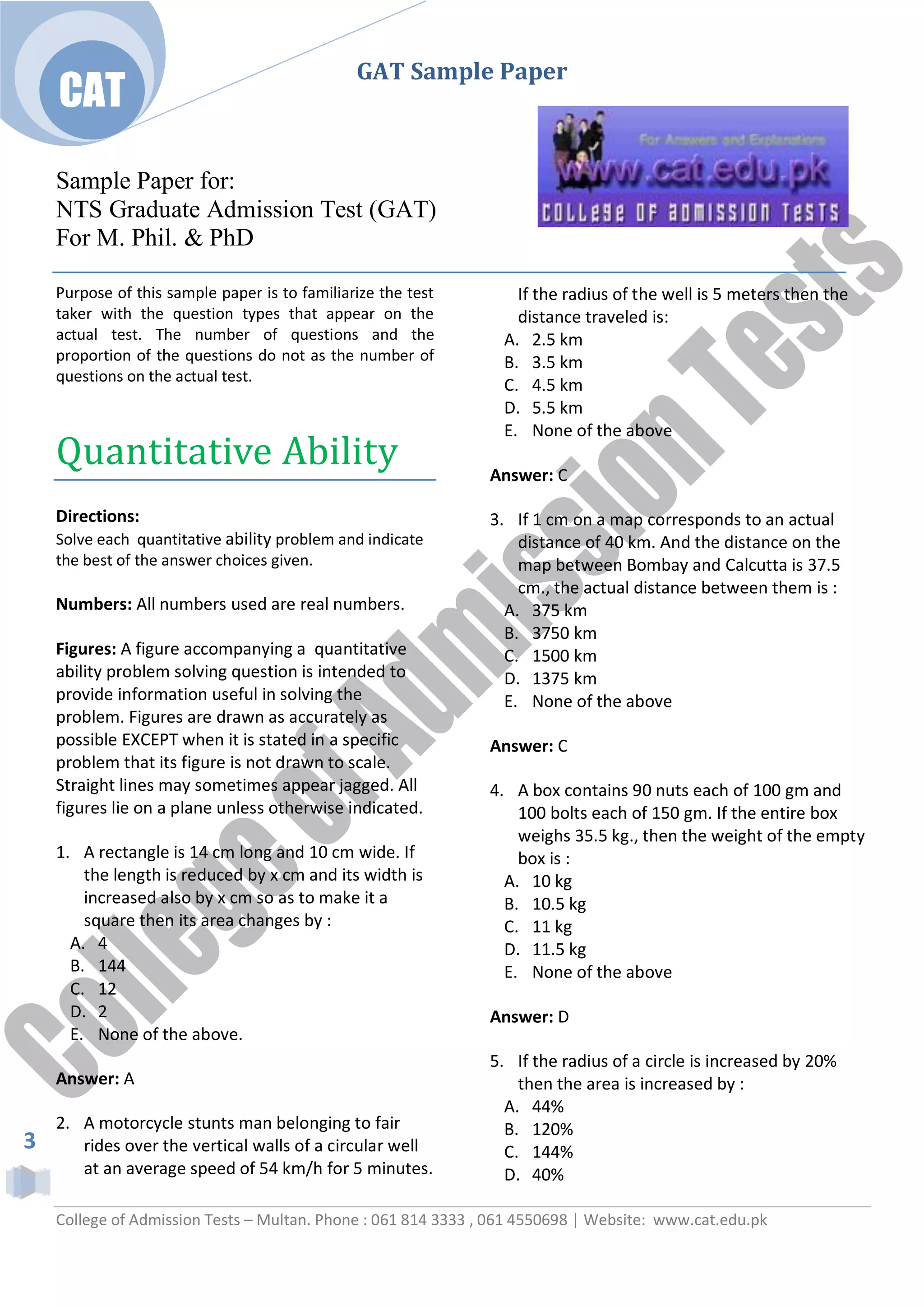 GAT NTS SAMPLE PAPERS MATERIAL PART 7 | PDF | Standardized Testing ...