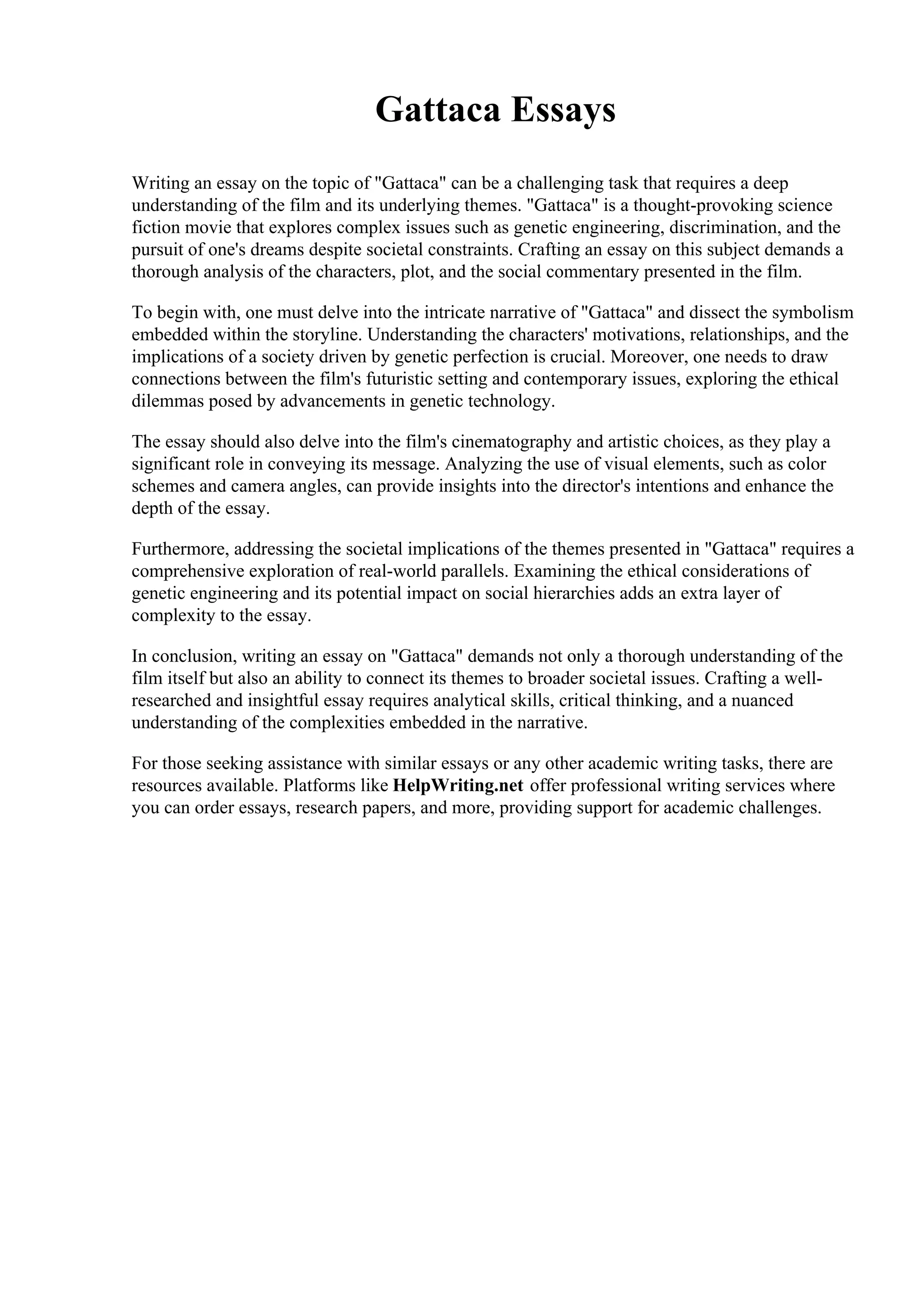 Gattaca Essays. Montefiore School of Nursing | PDF