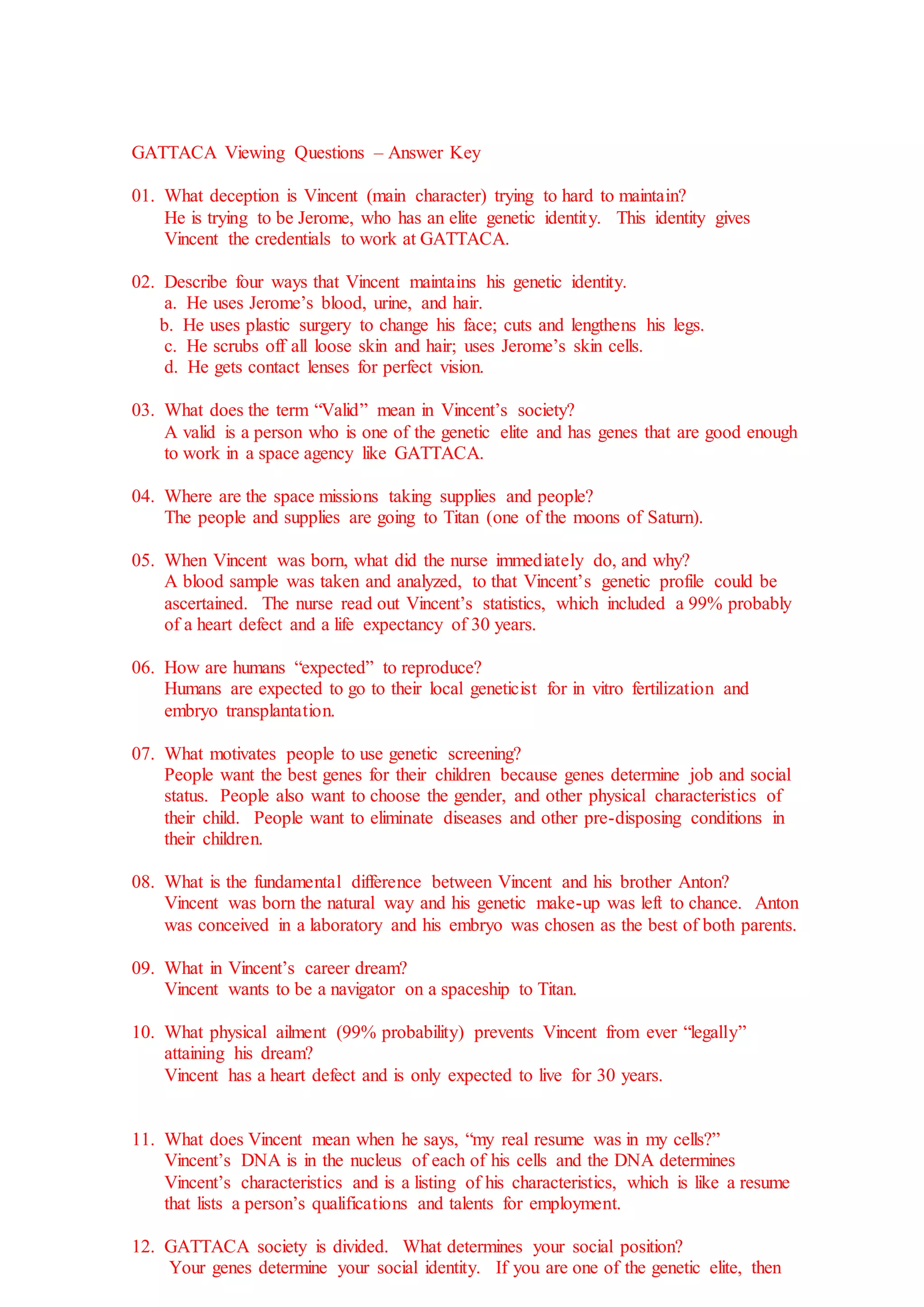 Gattaca questions 2017 | DOCX