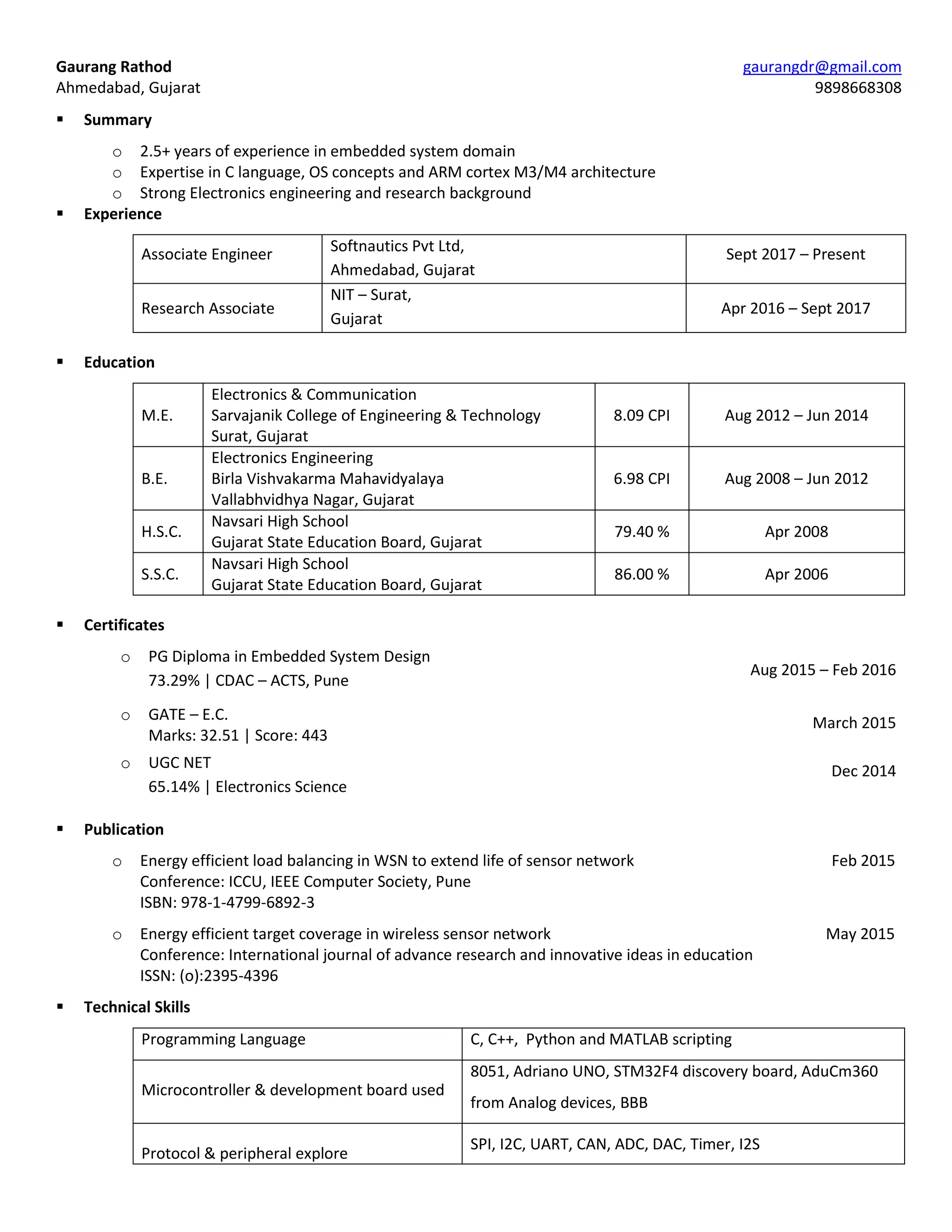 Resume of Gaurang Rathod, Embedded Software Developer | PDF