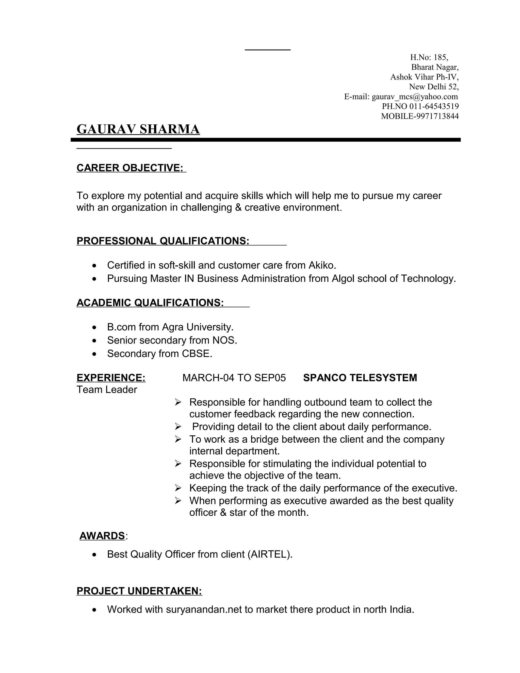 resume Format | DOC
