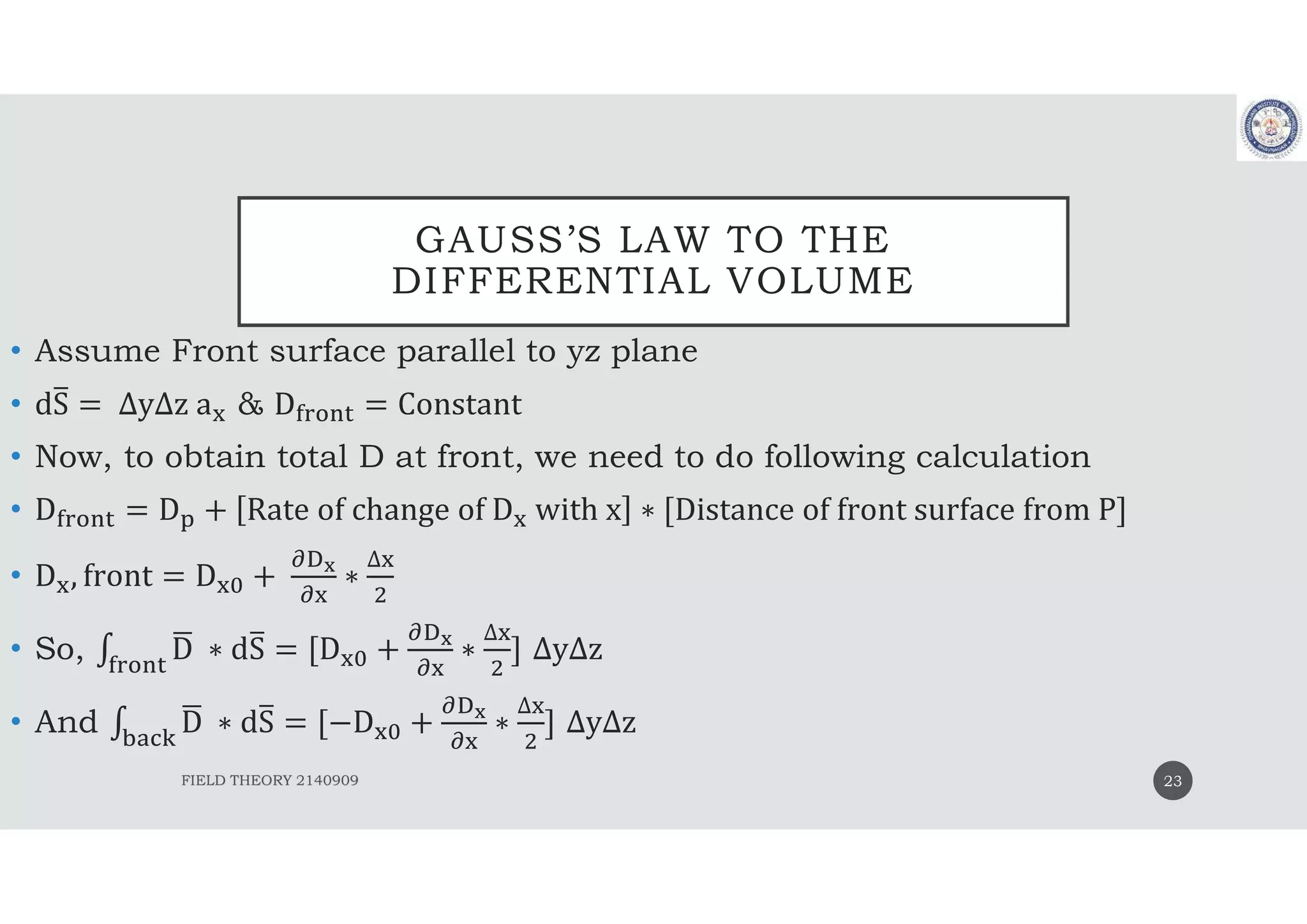 Gauss's law to differential volume | PPT