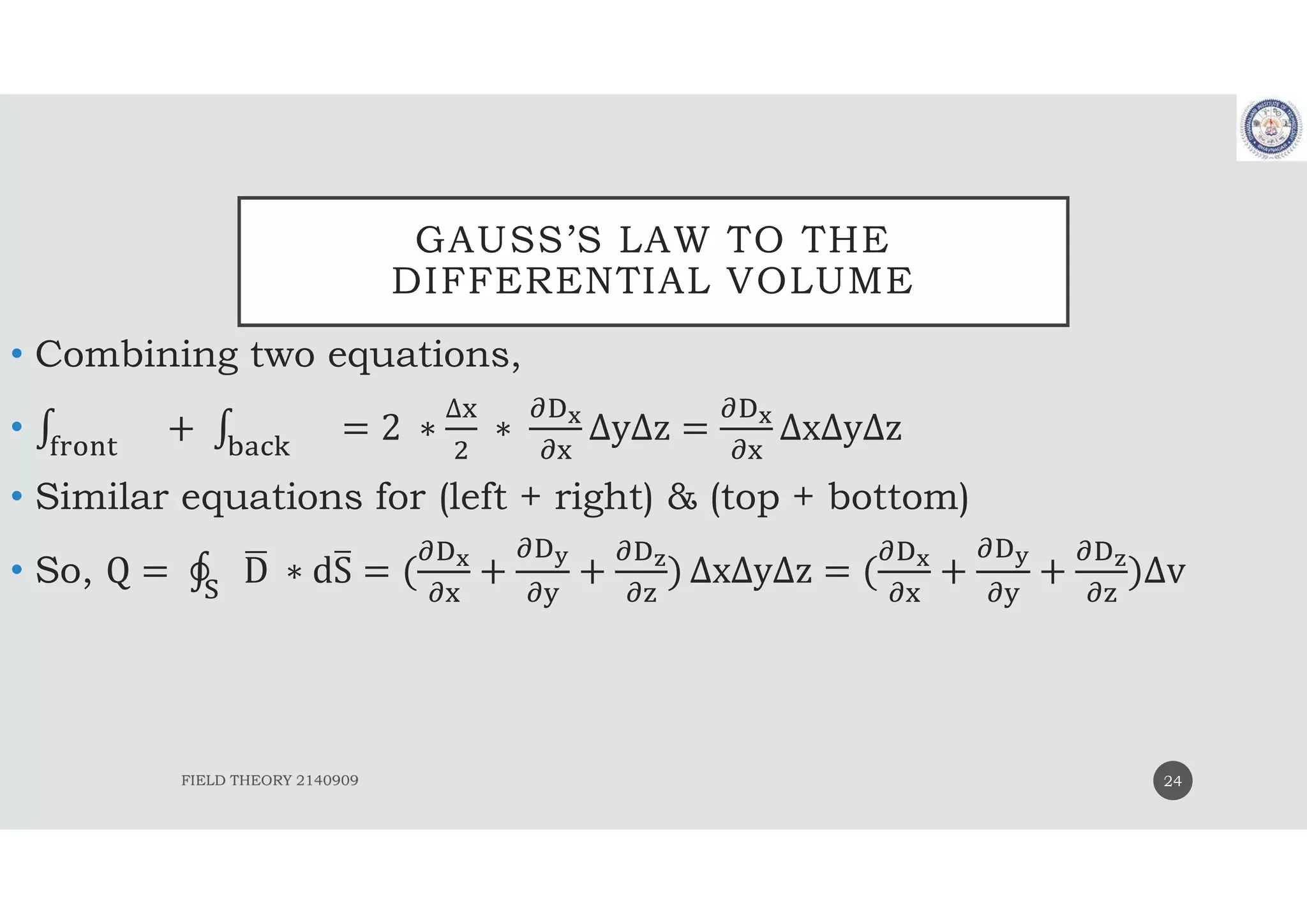 Gauss's law to differential volume | PPT