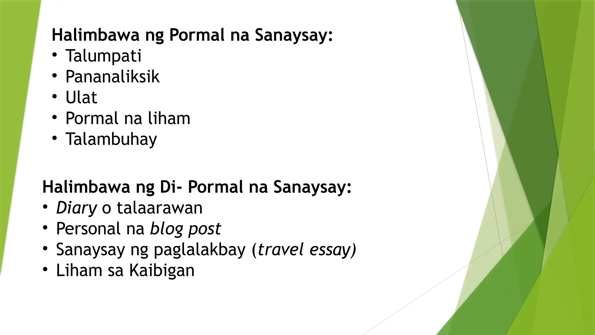 HALIMBAWA NG PORMAL AT DI-PORMAL NA SANAYSAYGawain ng G-8.pptx