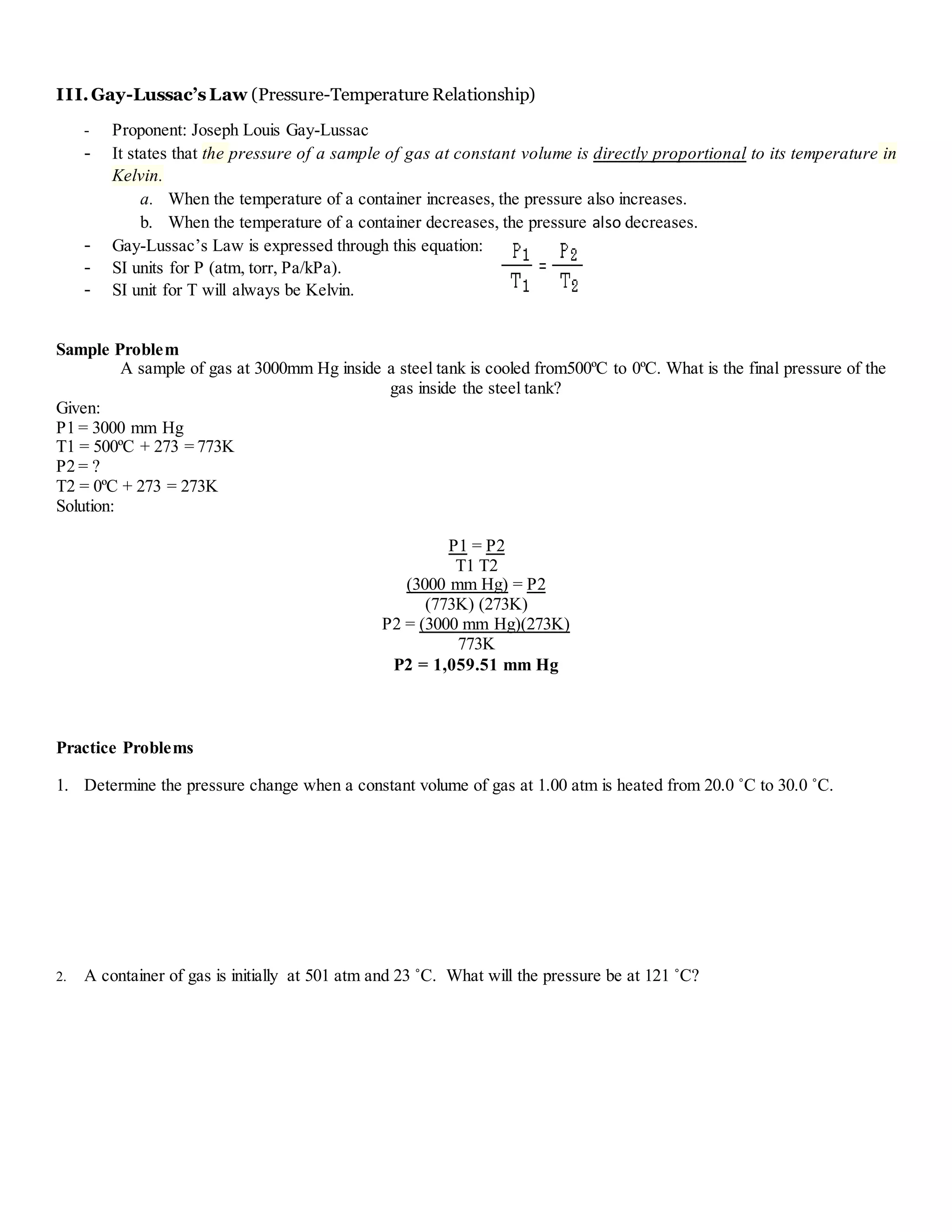 Gay lussac's law handouts | DOCX