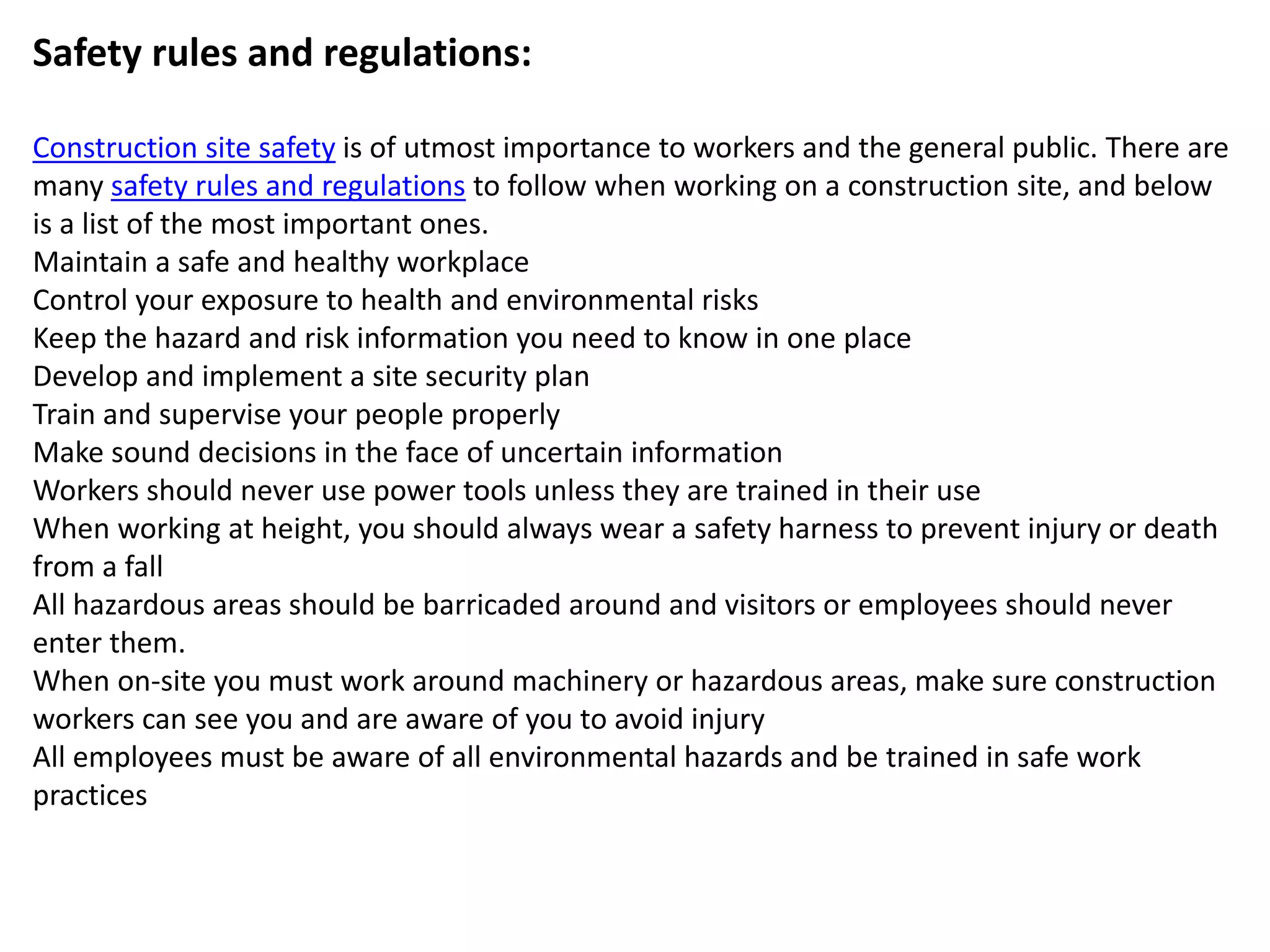 Construction site safety rules and regulations: | PPTX