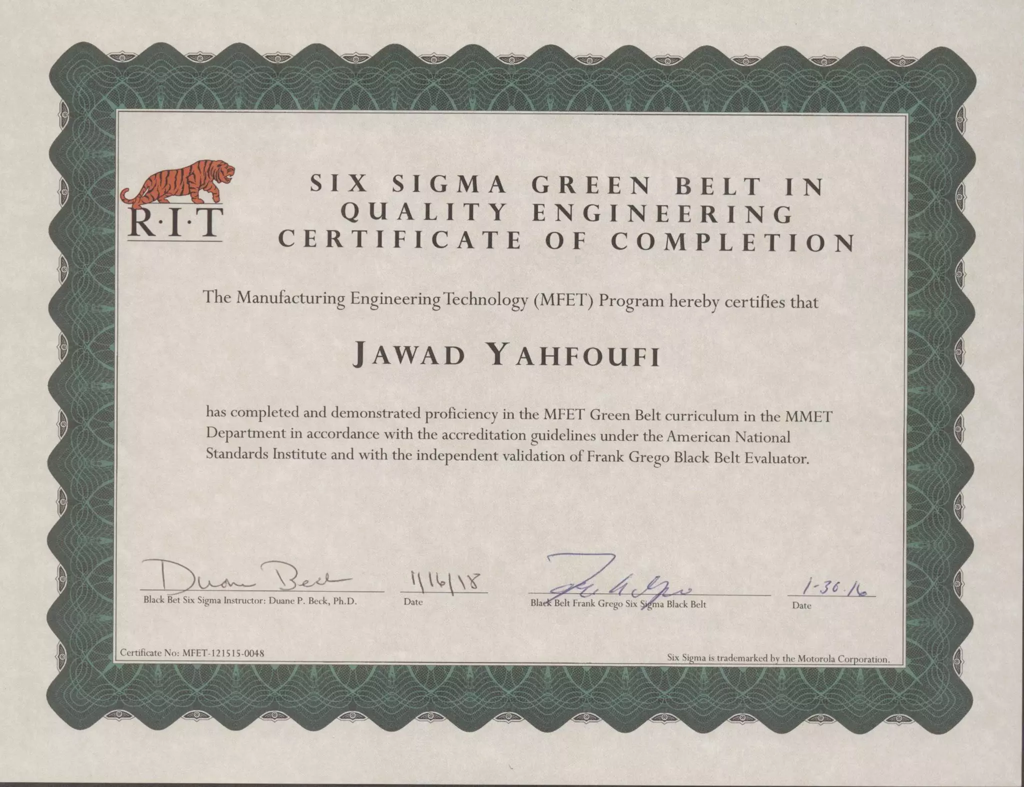 Six Sigma Green Belt certificate | PPT