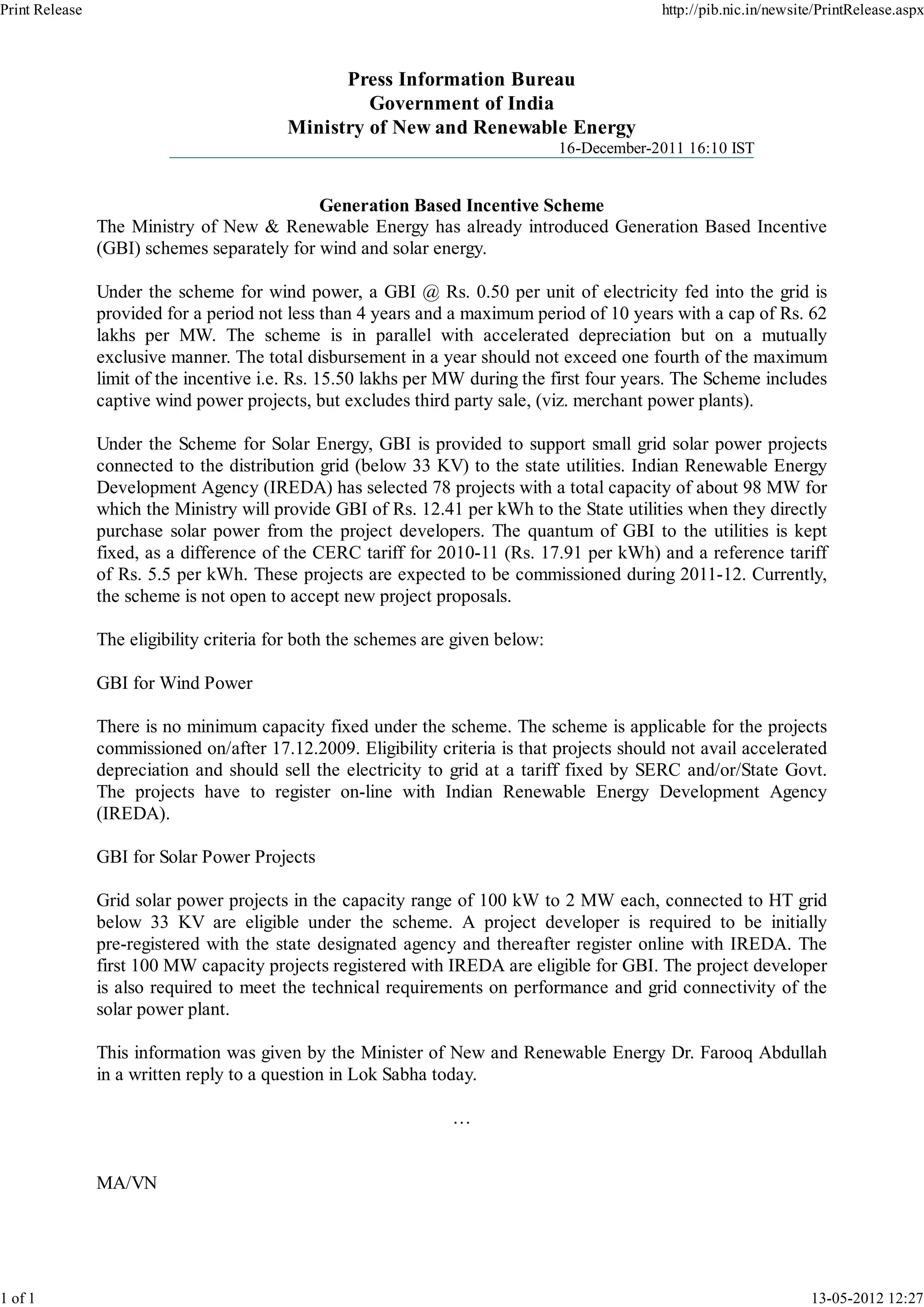 MNRE Generation Based Incentive | PDF