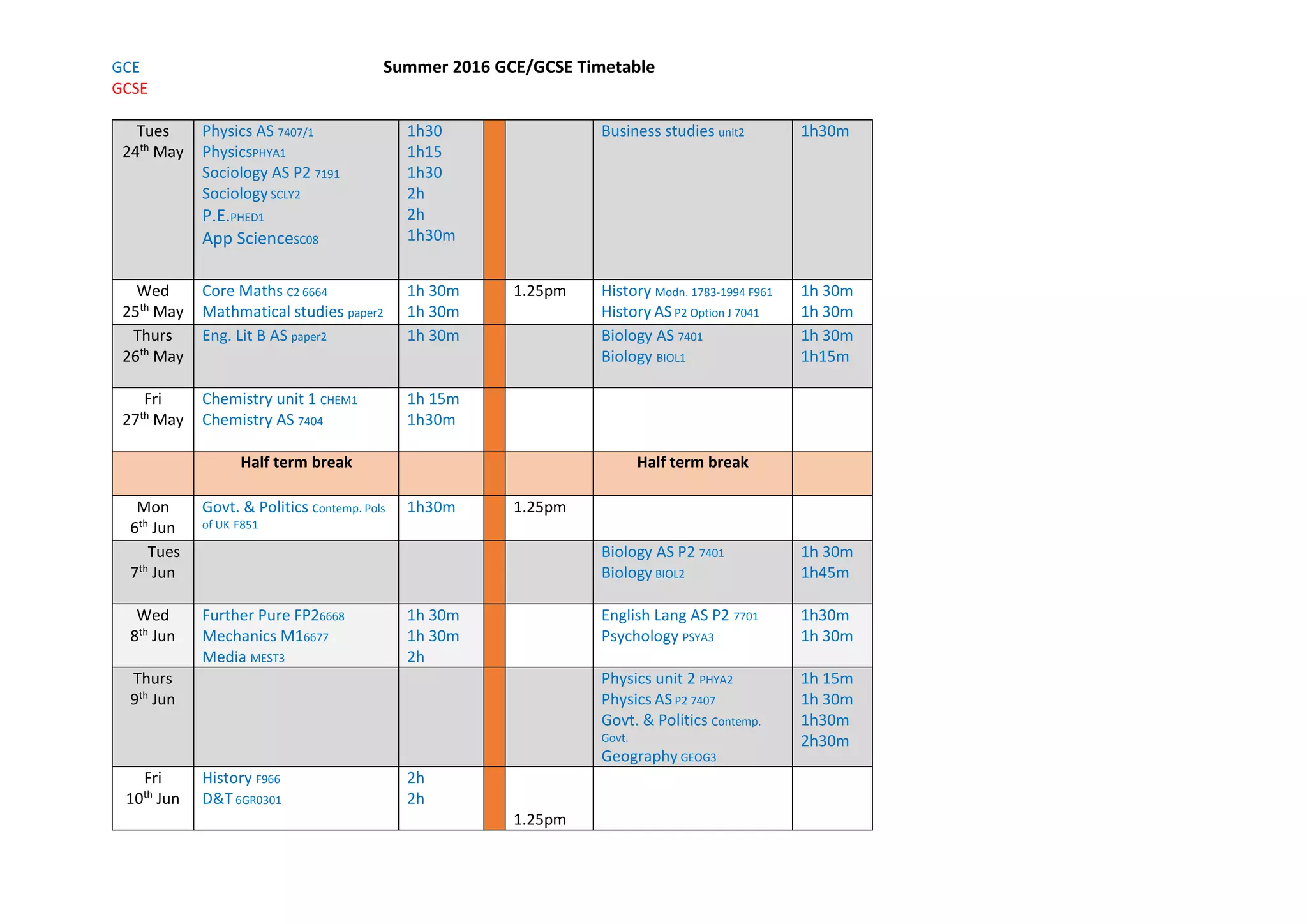 GCE Summer exam timetable | PPT
