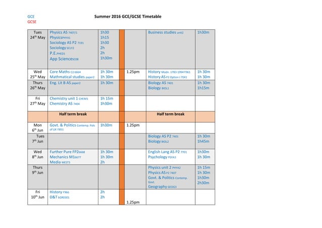 GCE Summer exam timetable | PPT