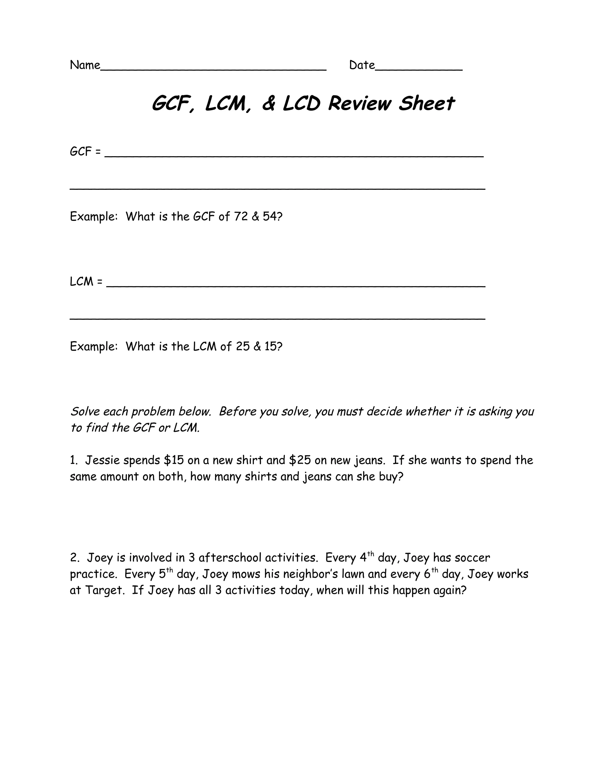 Gcf, lcm, and lcd review ws | DOC