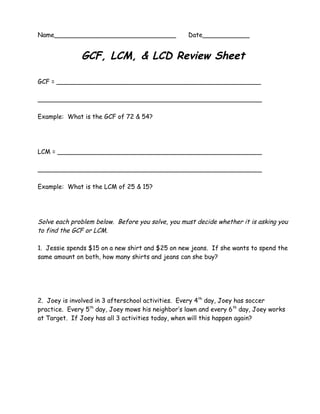 Gcf, lcm, and lcd review ws | DOC