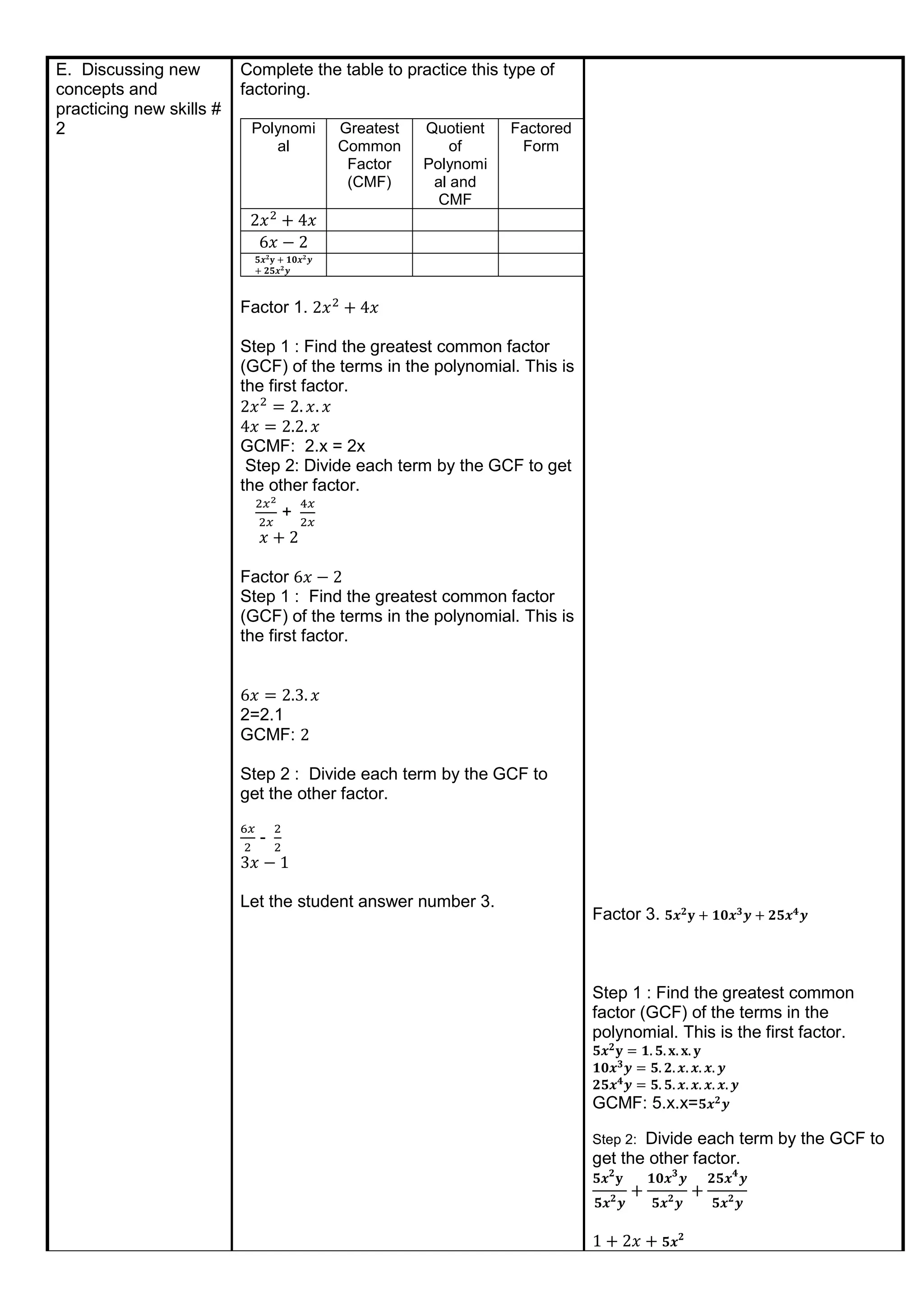 LESSON PLAN IN GRADE 8 MATH FACTORING BY GCMF | DOCX